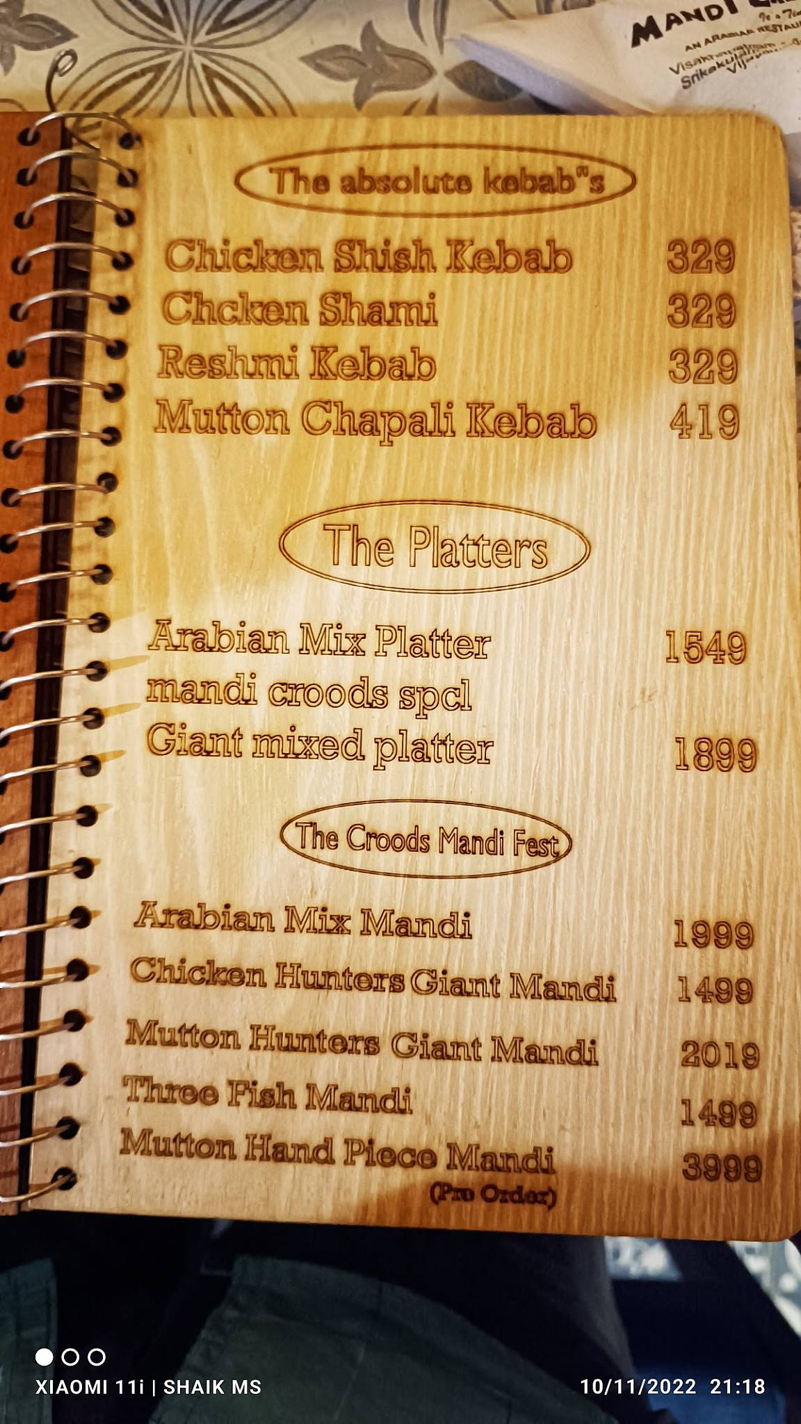 Menu at Mandi croods Vijayawada, Vijayawada