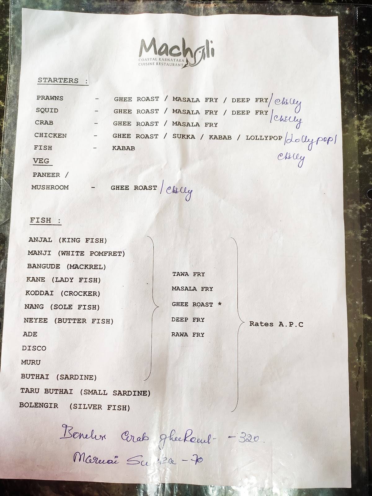 Menu at Machali, Mangaluru