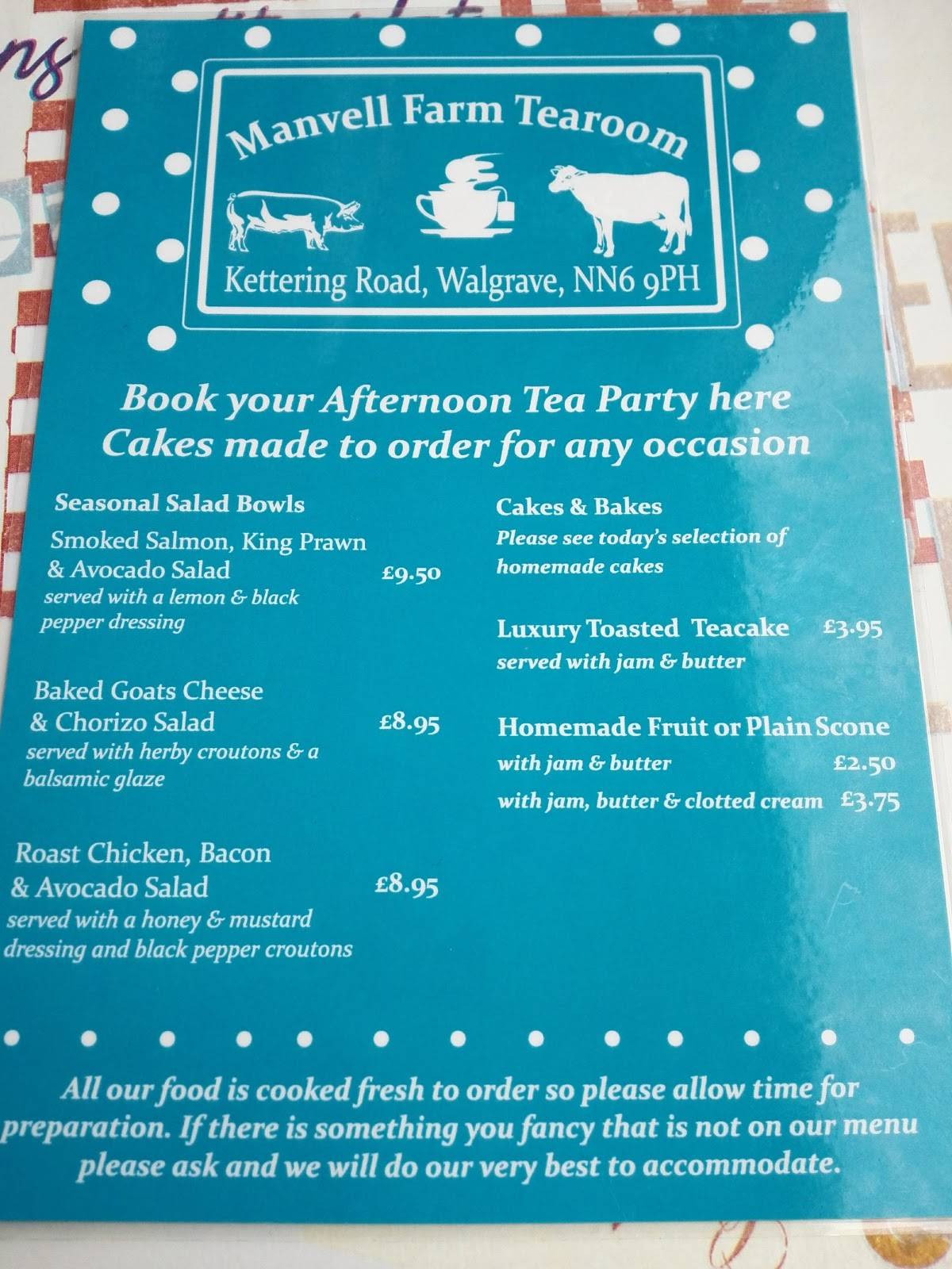 Menu at Manvell Farm Tea Room cafe, Moulton, Kettering Road walgrave