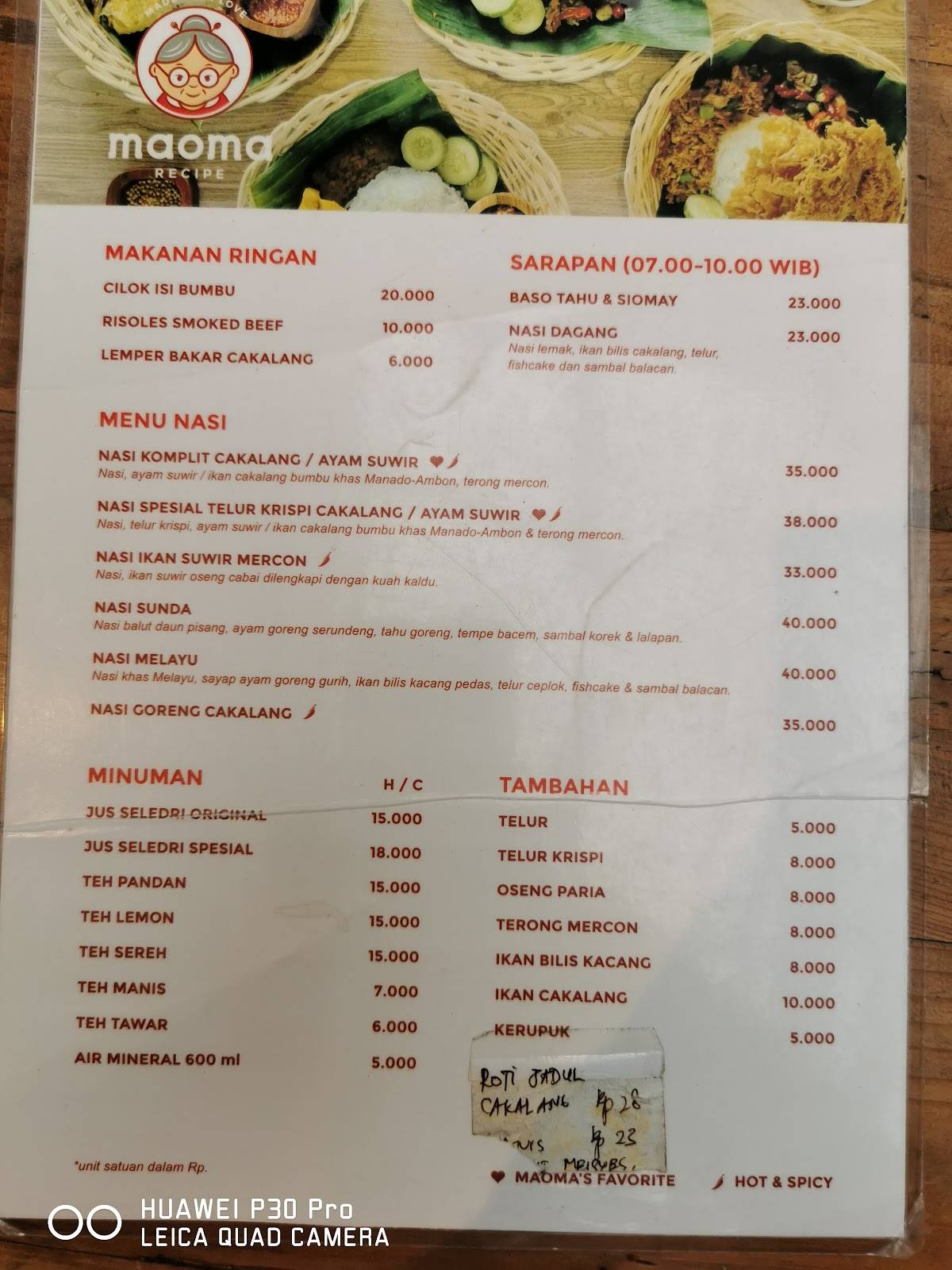 Menu at Maoma Recipe restaurant, Bandung