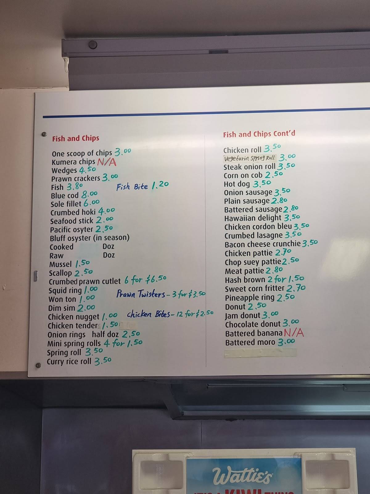 Menu at Maori Hill Takeaways fast food, Dunedin