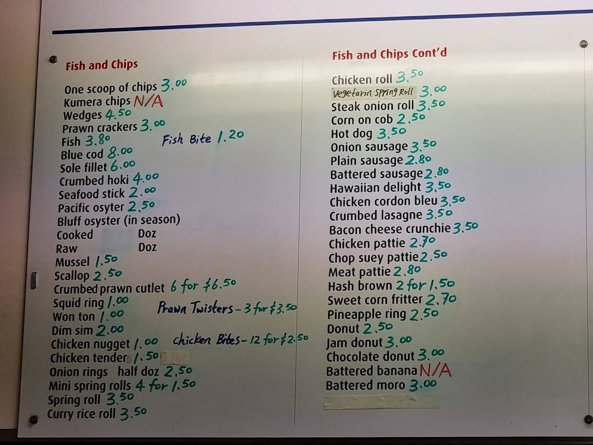 Menu at Maori Hill Takeaways fast food, Dunedin