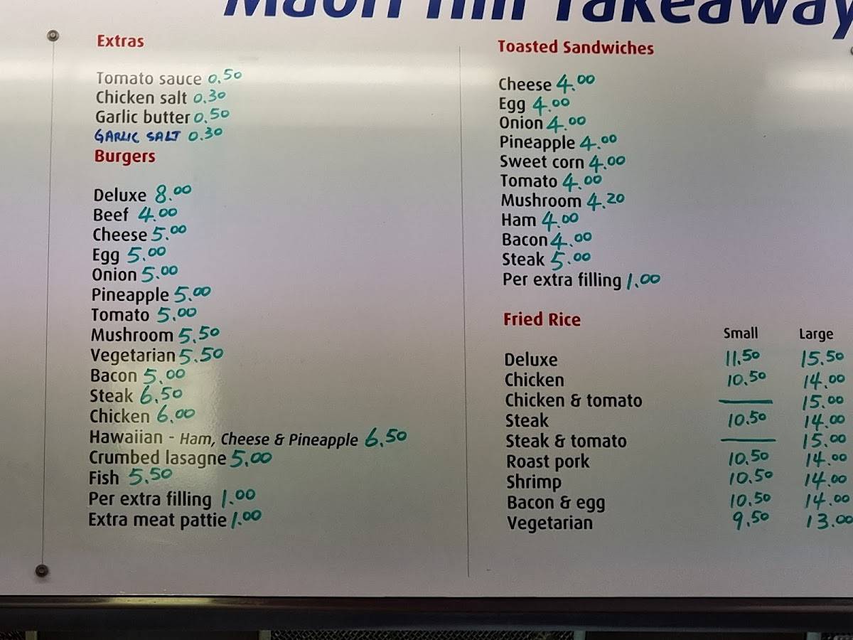 Menu at Maori Hill Takeaways fast food, Dunedin
