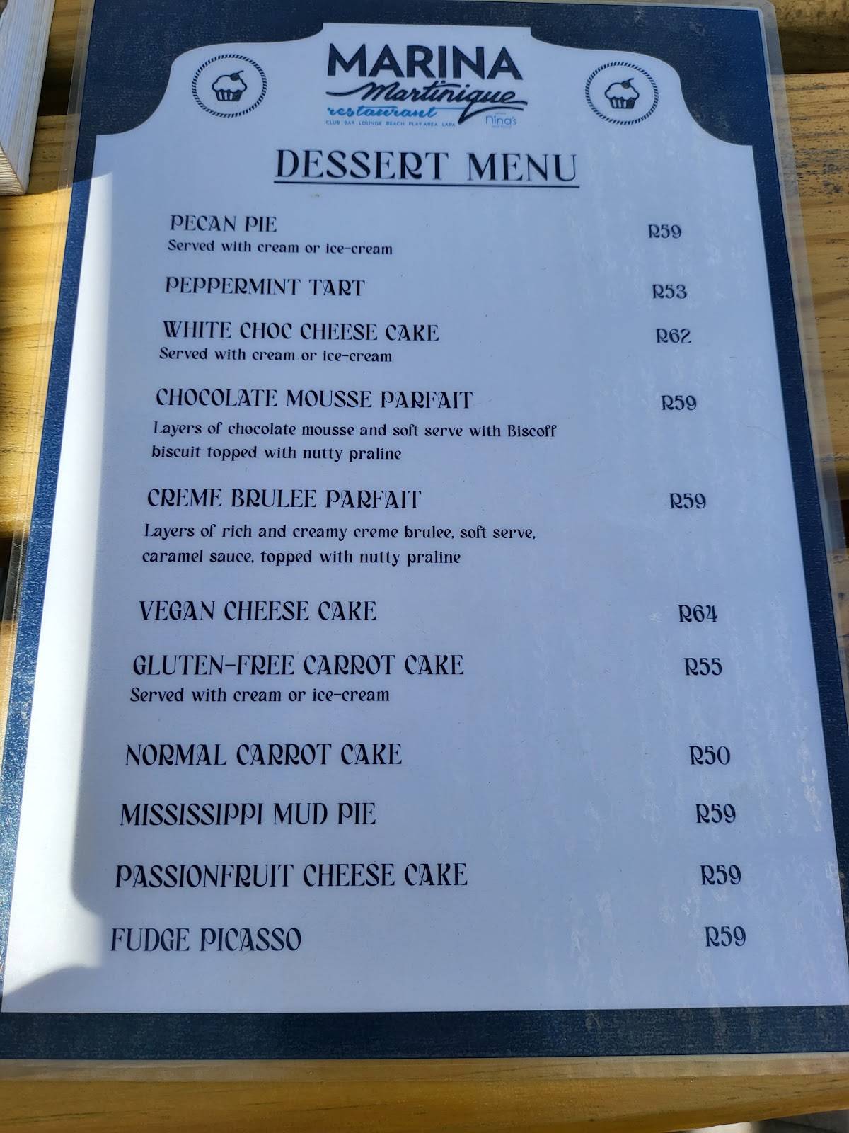 Menu at Marina Nina's restaurant, Jeffreys Bay