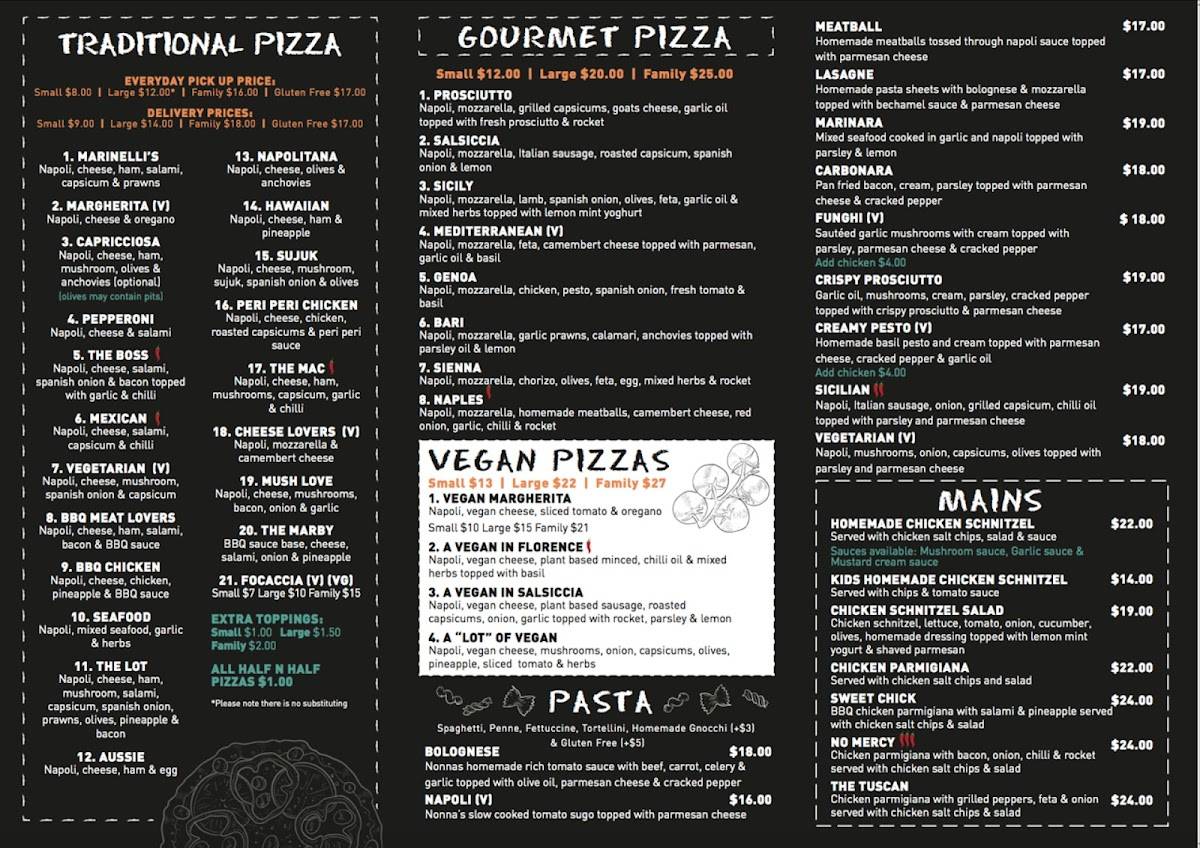 Menu at Marinelli's Pizza Maribyrnong Road pizzeria, Moonee Ponds