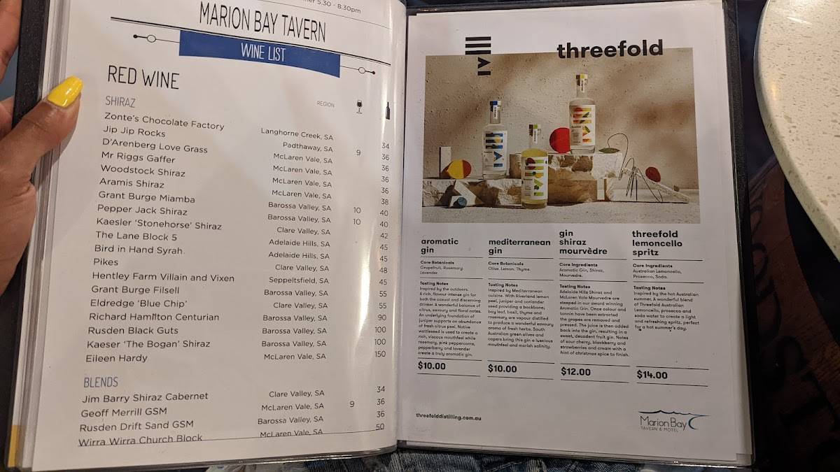 Menu at Marion Bay Tavern restaurant, Marion Bay, 5 Stenhouse Bay Rd