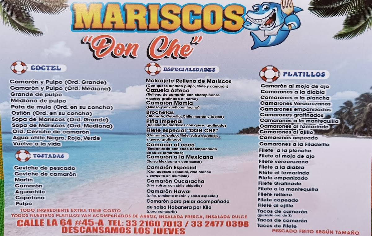 Carta del restaurante Mariscos "Don Che", Guadalajara
