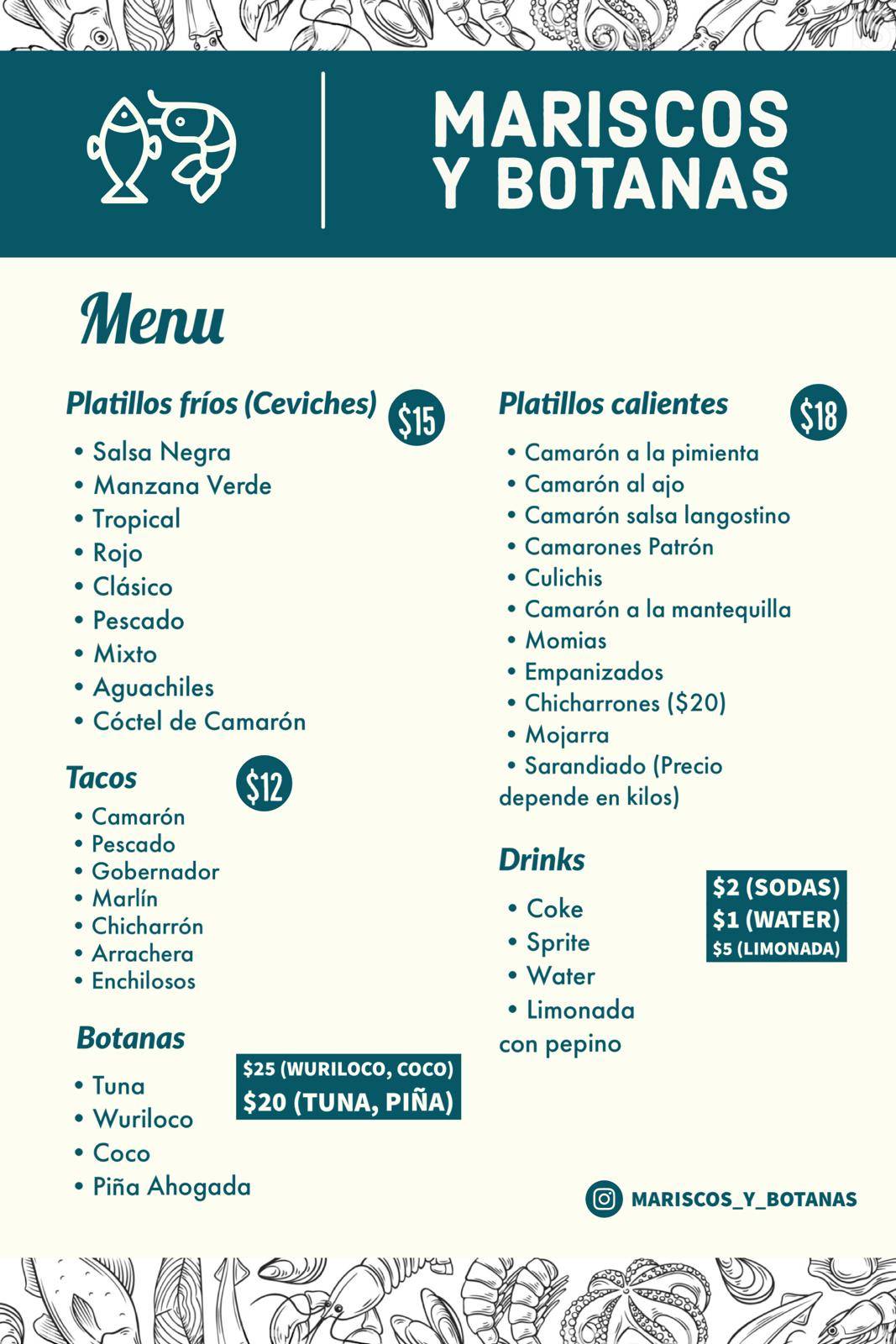 Menu at Mariscos_y_botanas restaurant, Tulare