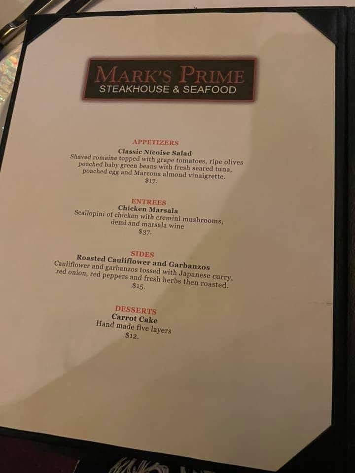 Menu at Mark's Prime Steakhouse, Ocala