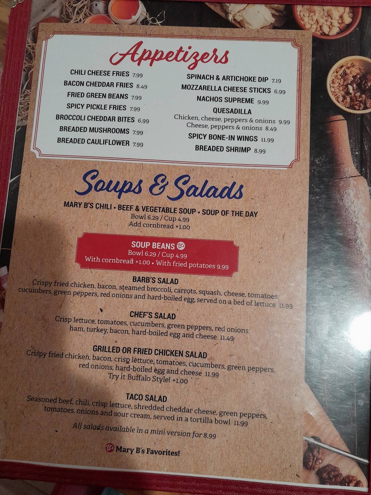 Menu at Mary B's Diner restaurant, Parkersburg