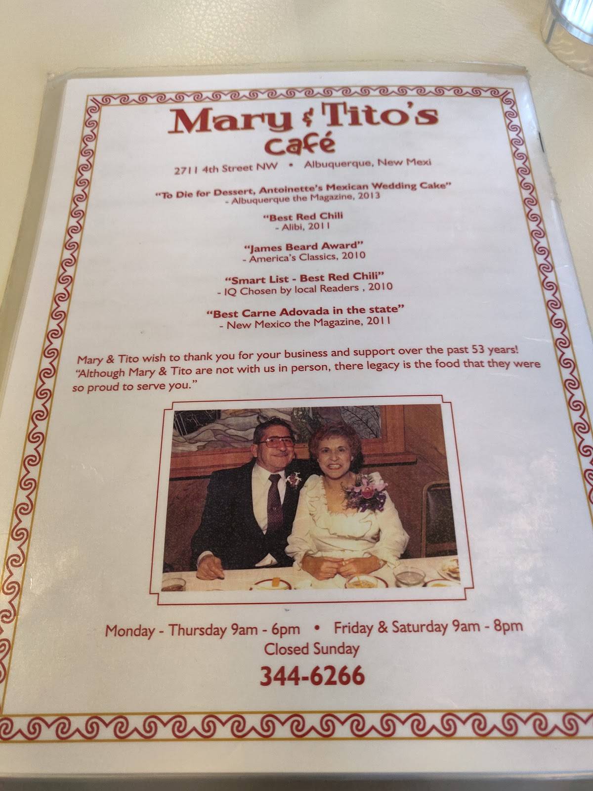 Menu at Mary & Tito's Cafe, Albuquerque