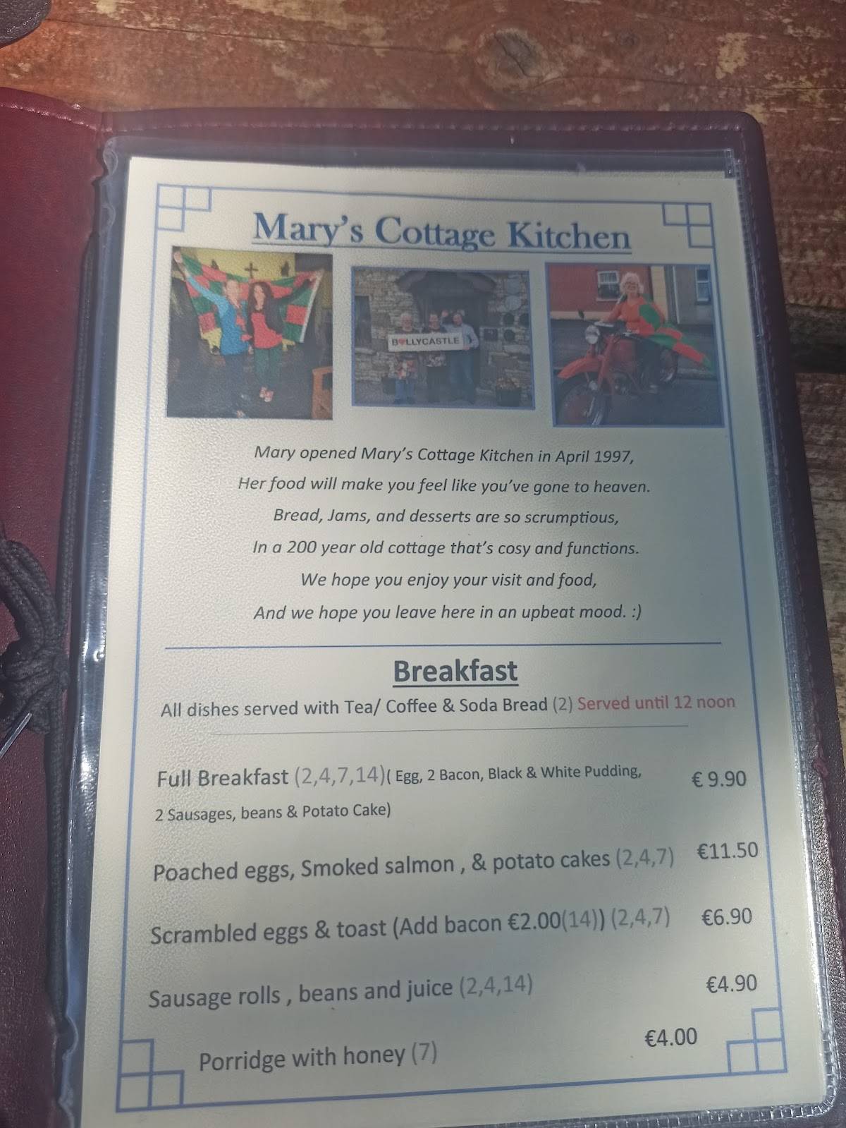 Menu at Mary's Bakery, take-away, Ireland