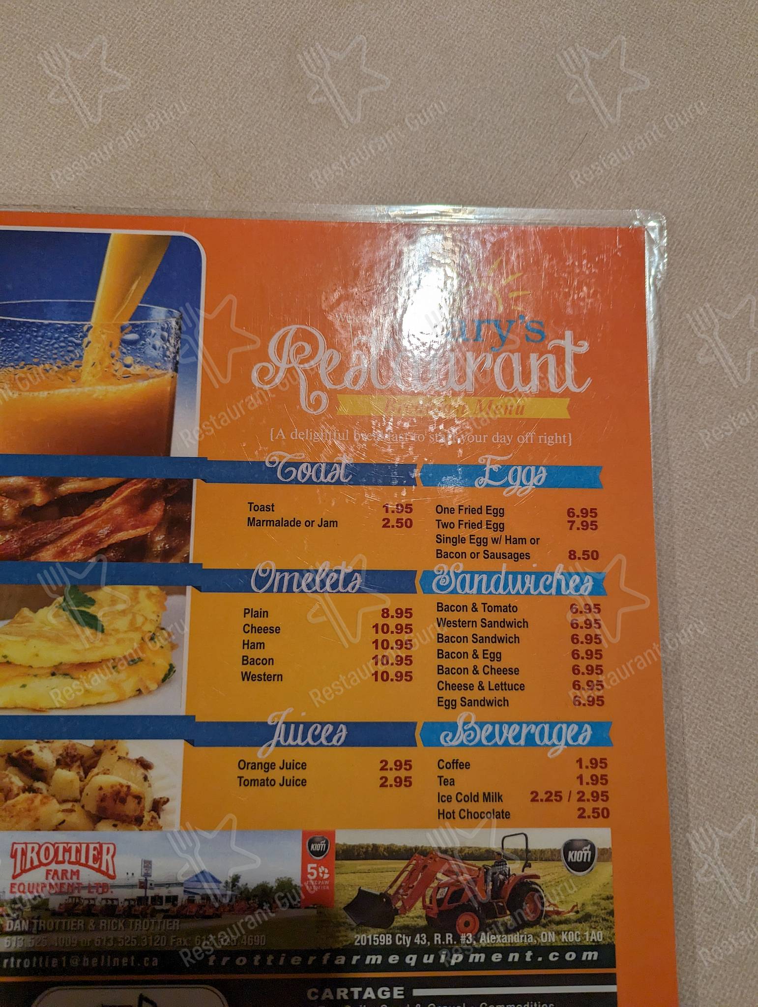 Menu at Mary's Restaurant, Winchester