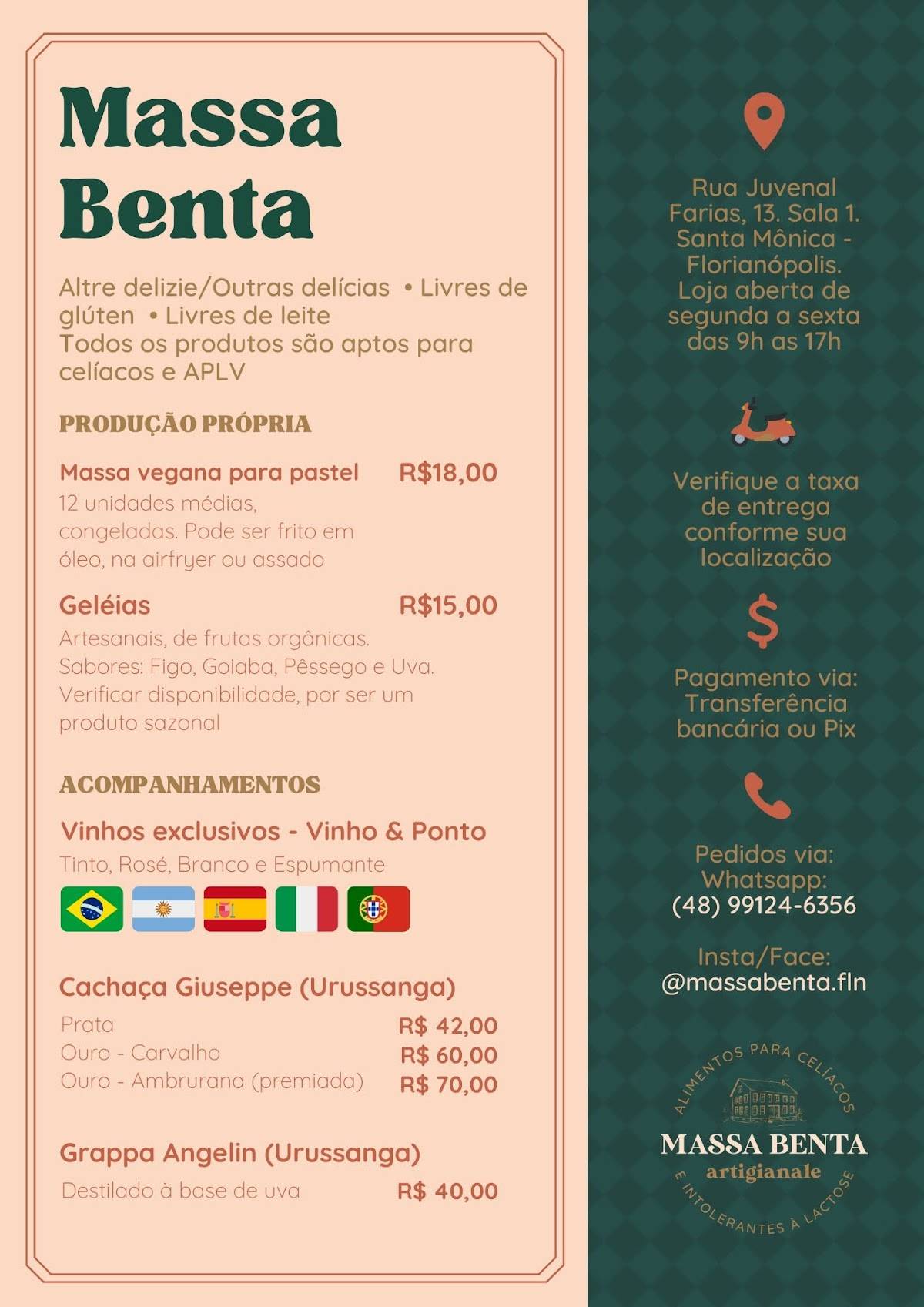 Menu em Massa Benta restaurante, Florianópolis