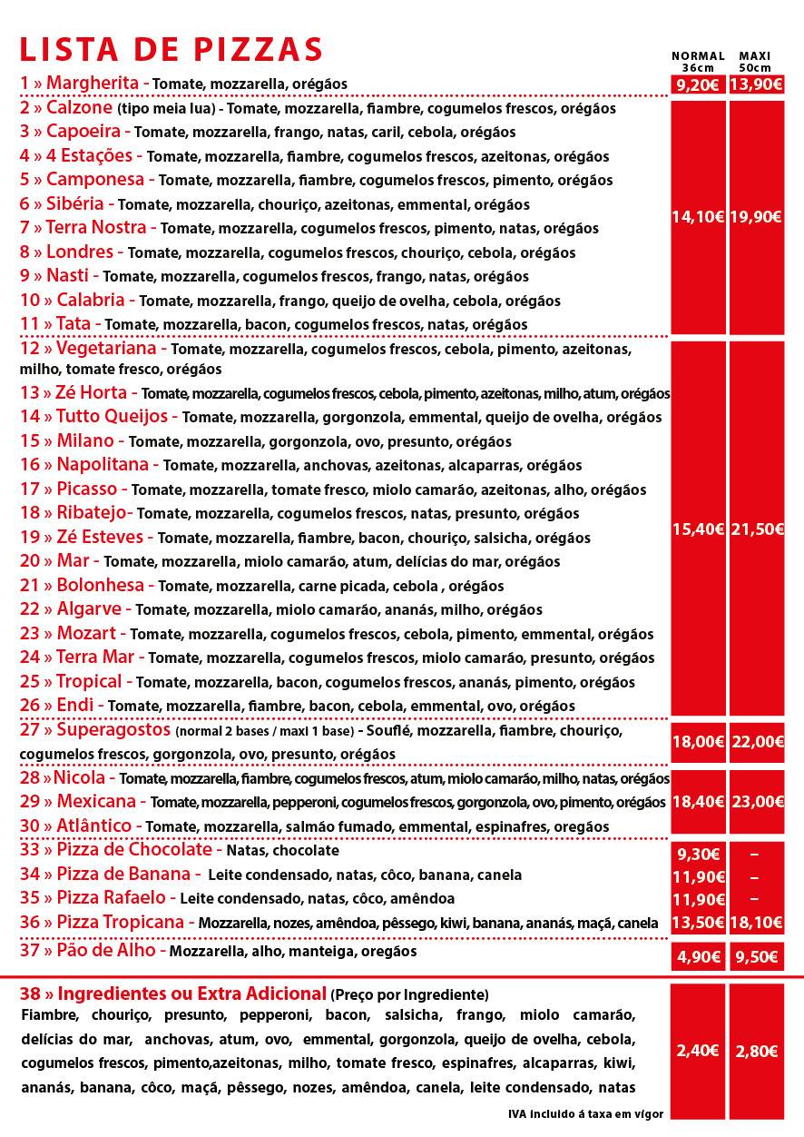 Carta del restaurante Maxi Pizza Évora, Evora