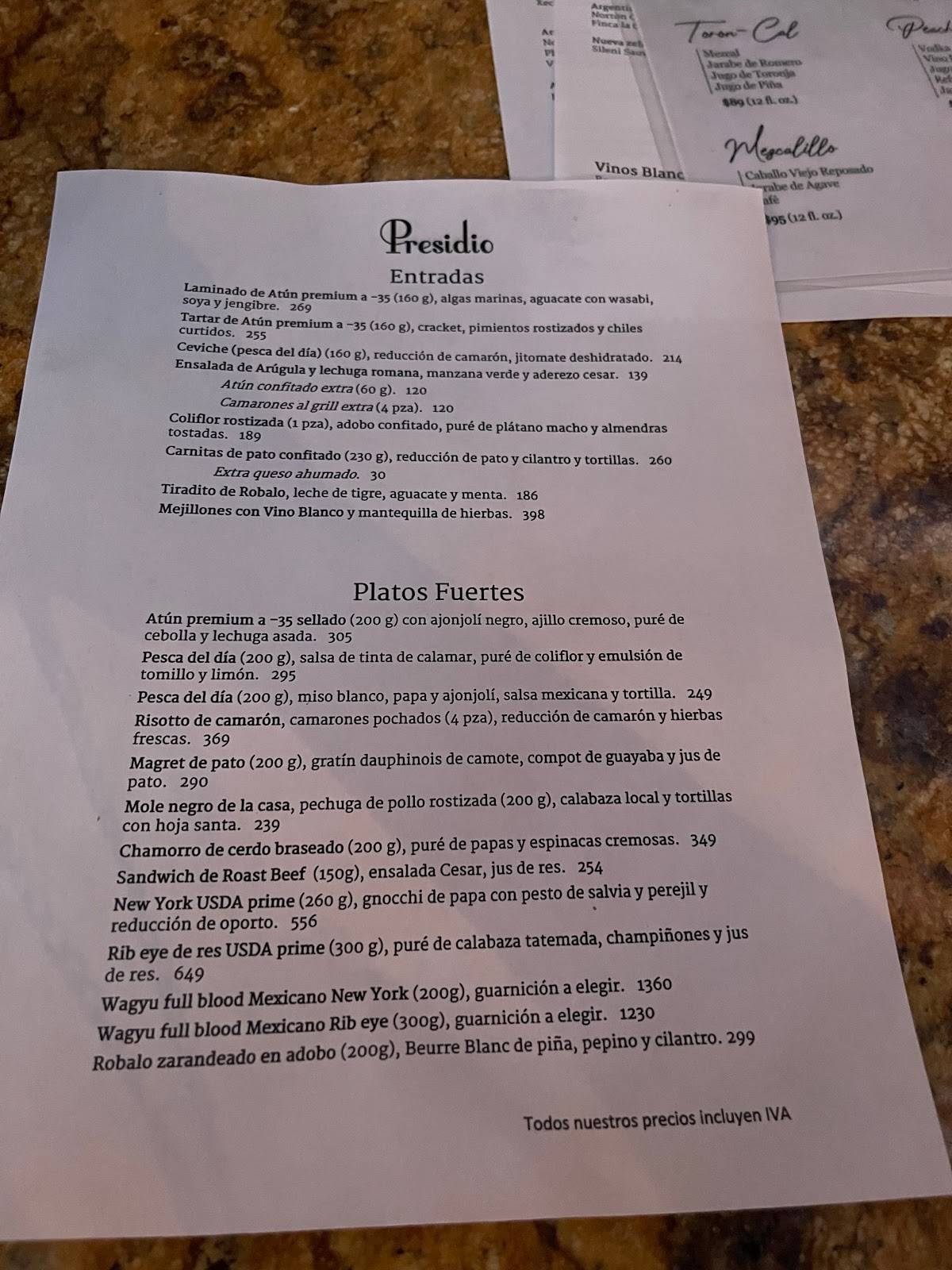 Menu at El Presidio Cocina de México restaurant, Mazatlán, Blvd. Niños ...