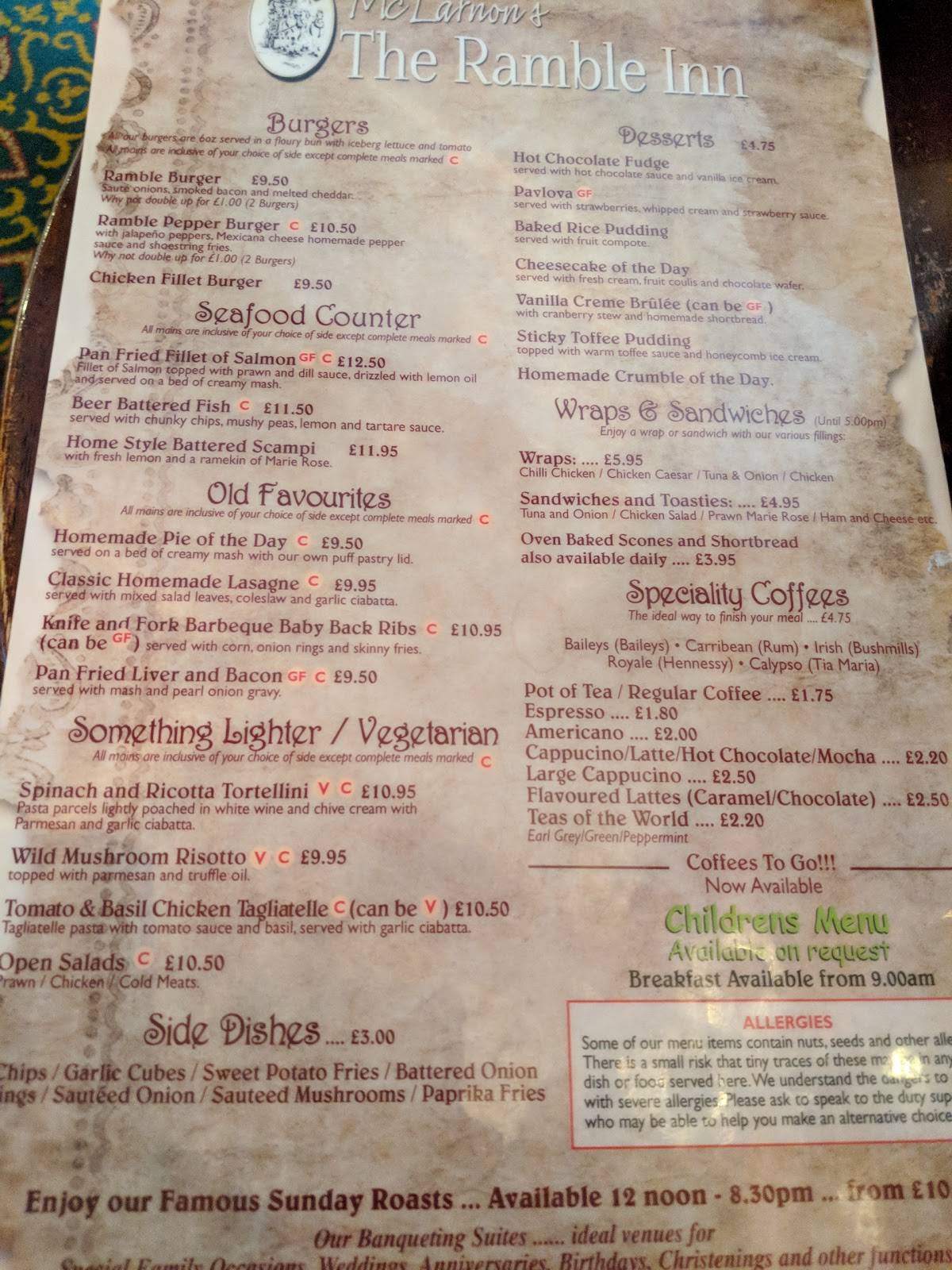 Menu at McLarnons Ramble Inn pub & bar, Antrim