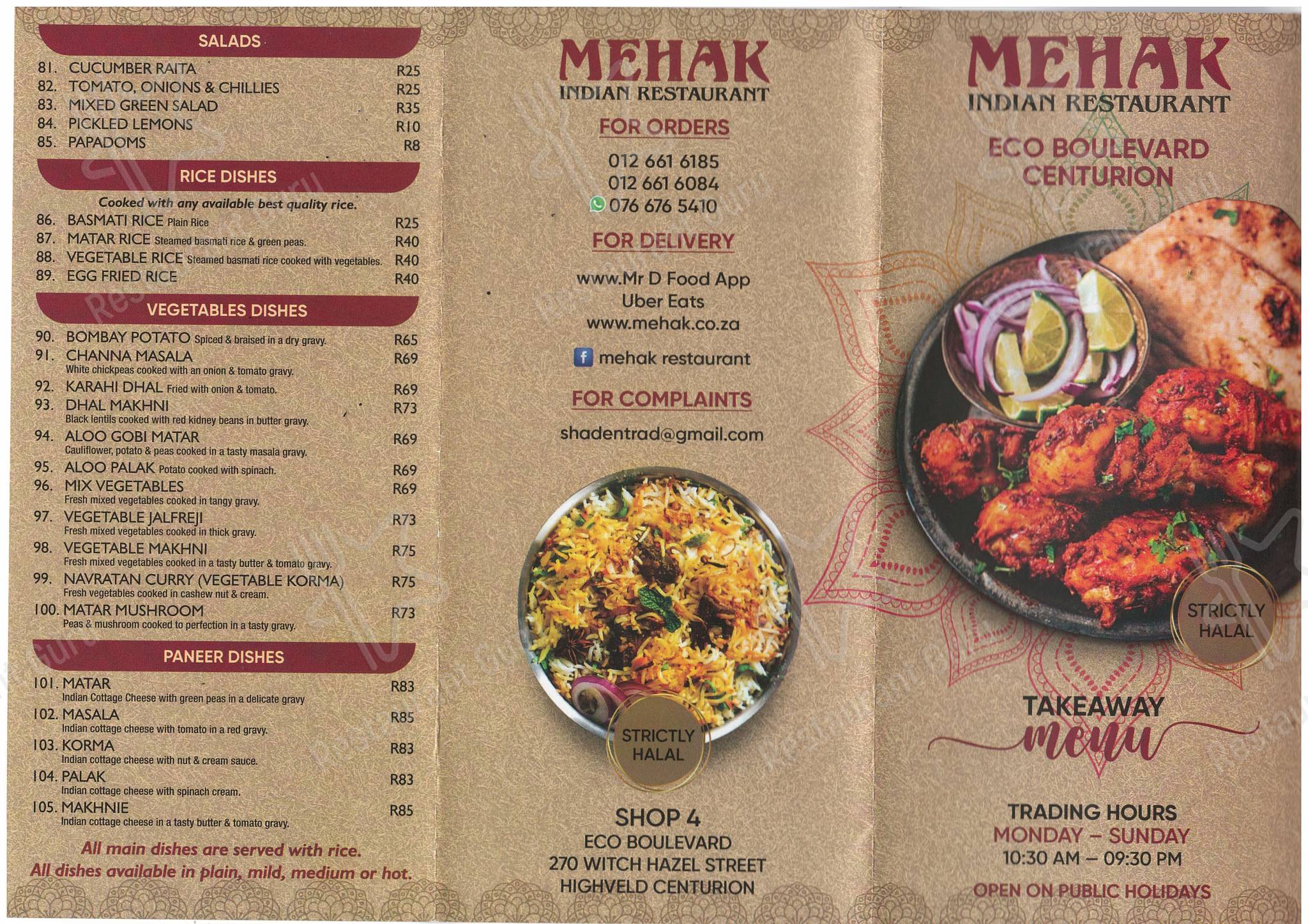 Menu at Mehak Indian Restaurant, Centurion