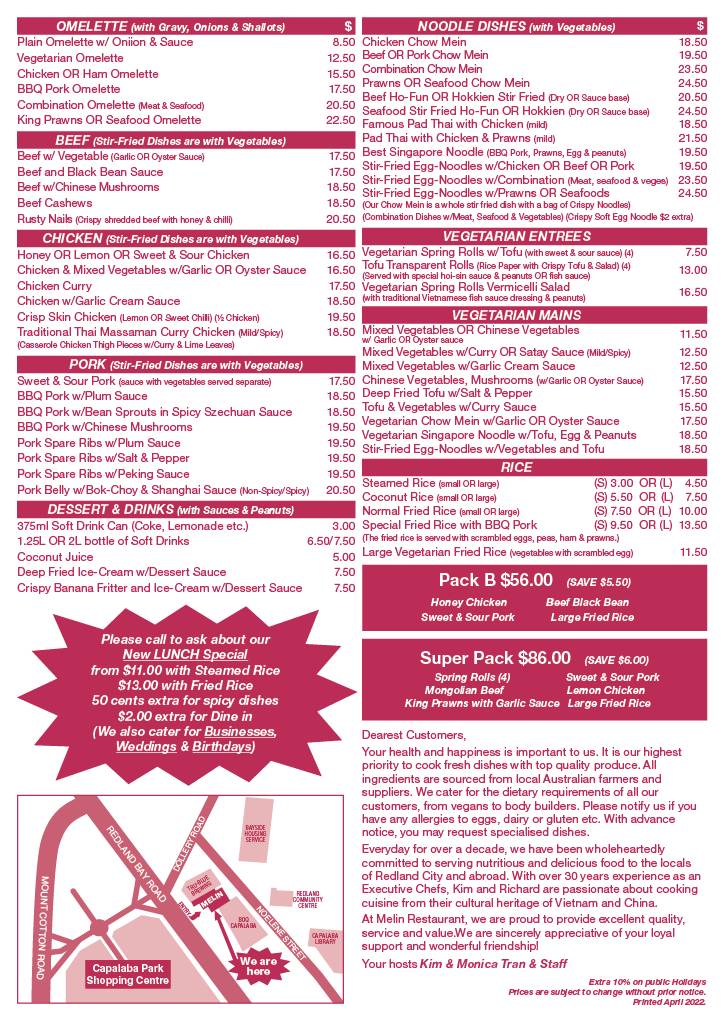 Menu at Melin Vietnamese & Chinese Restaurant, Capalaba