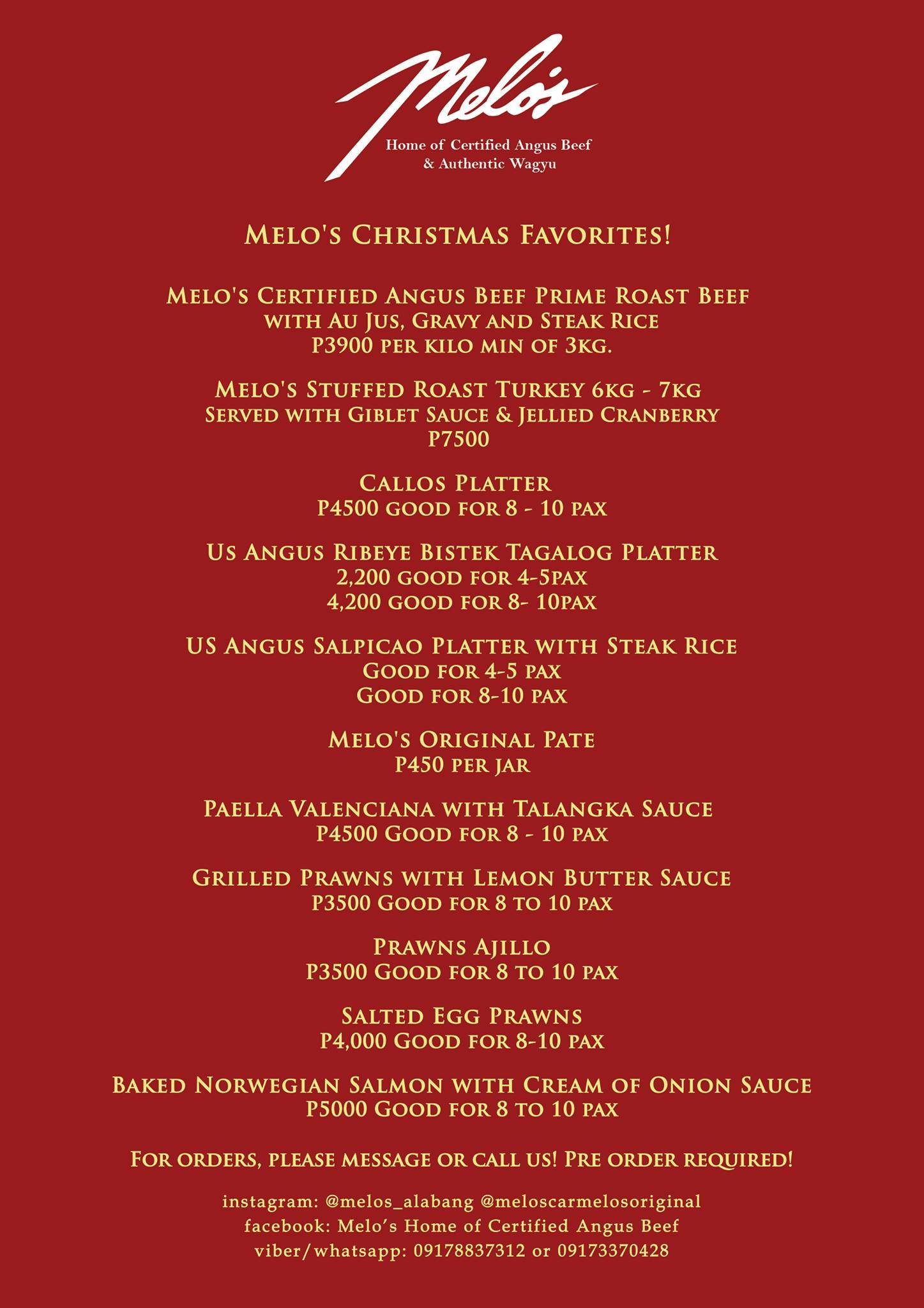 Menu at Melo's Steakhouse Westgate Alabang, Muntinlupa, Lot 41