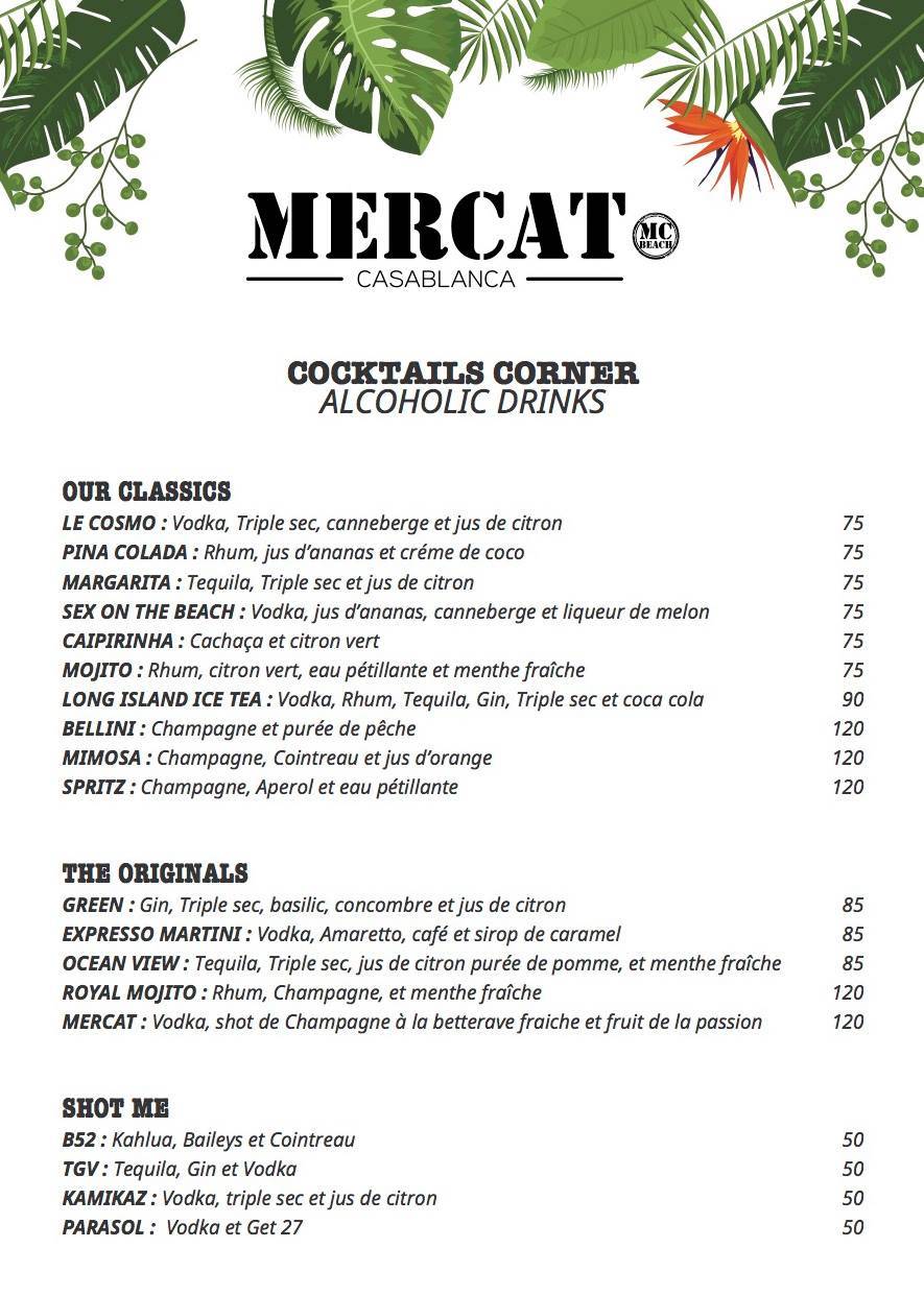 Menu au Mercat restaurant, Casablanca