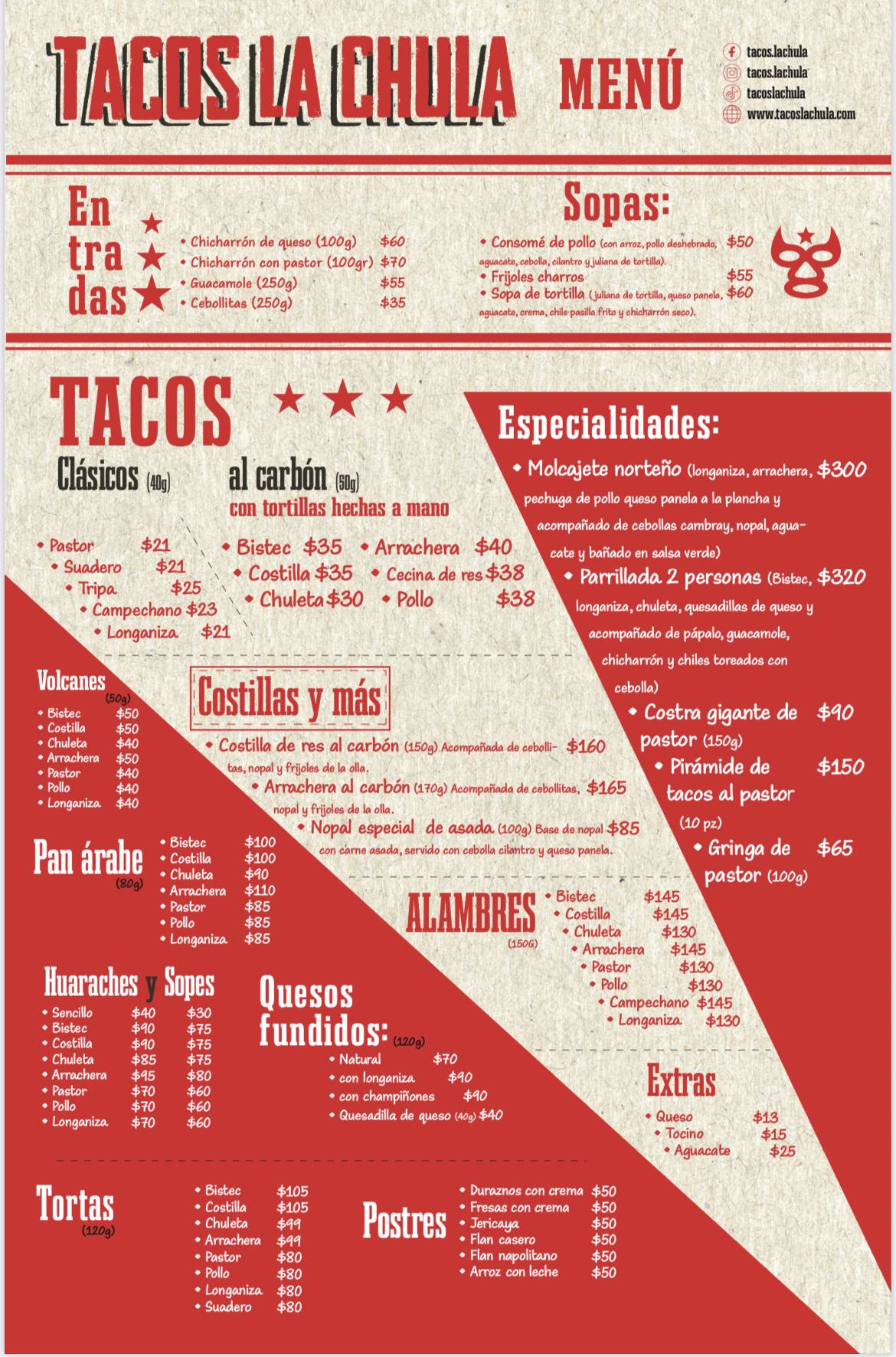 Carta del restaurante Tacos La Chula Revolución, Ciudad del México