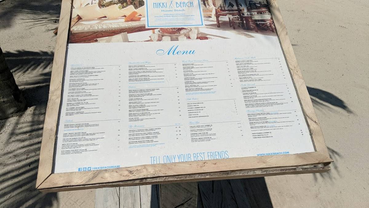 Menu at Nikki Beach Miami restaurant, Miami Beach, 1 Ocean Dr