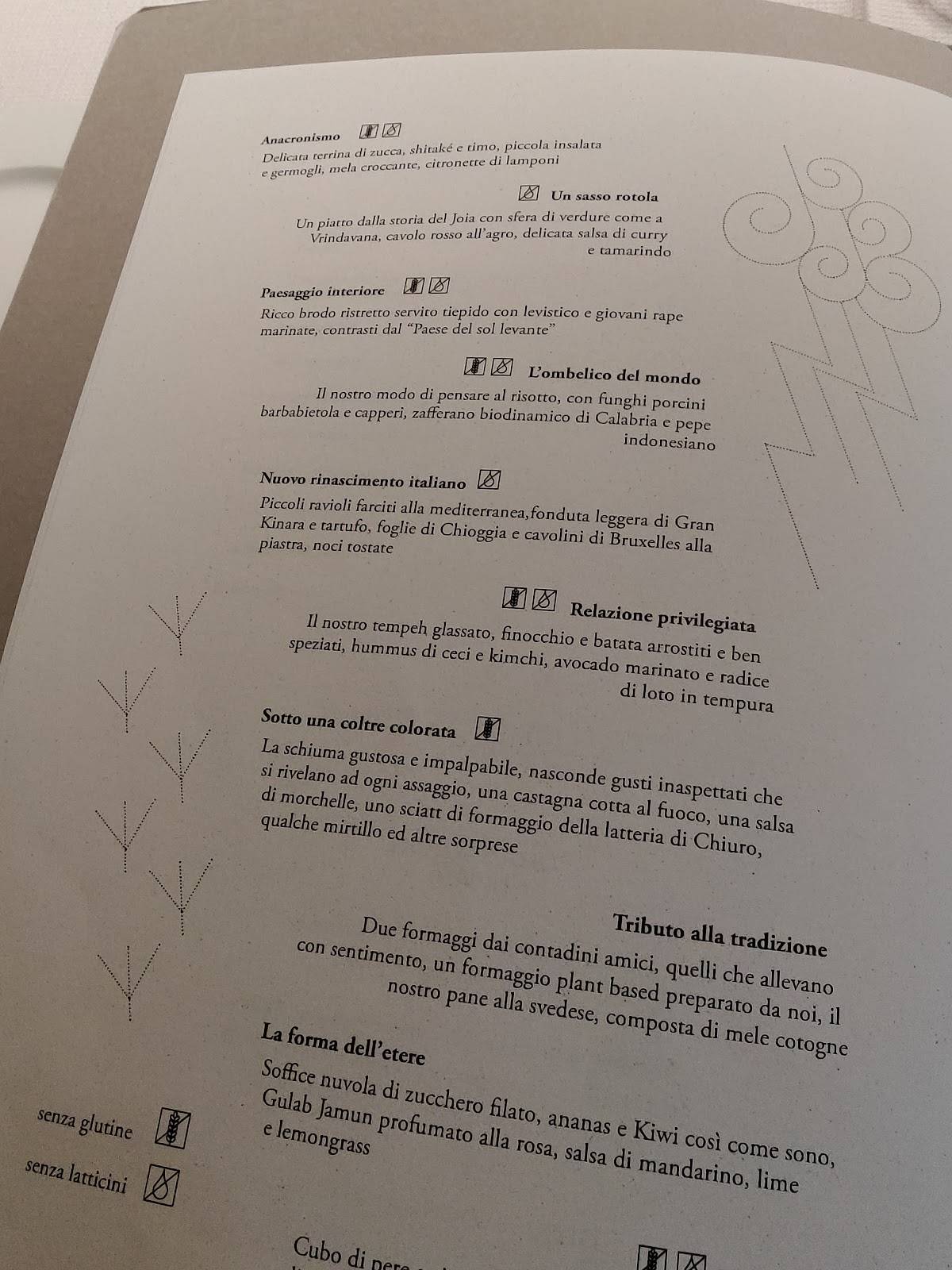 Menu at Joia restaurant, Milan