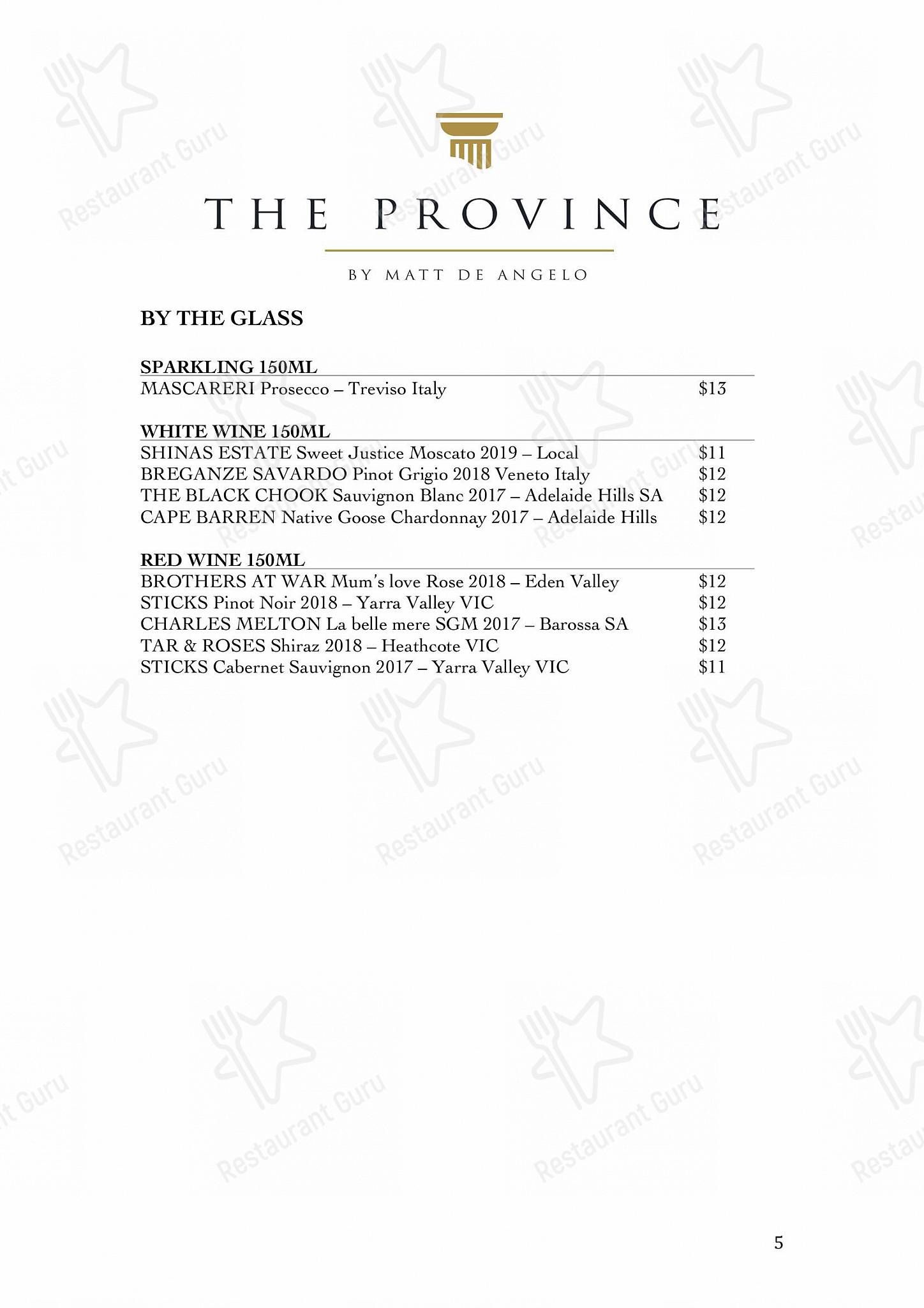 Menu at The Province restaurant, Mildura
