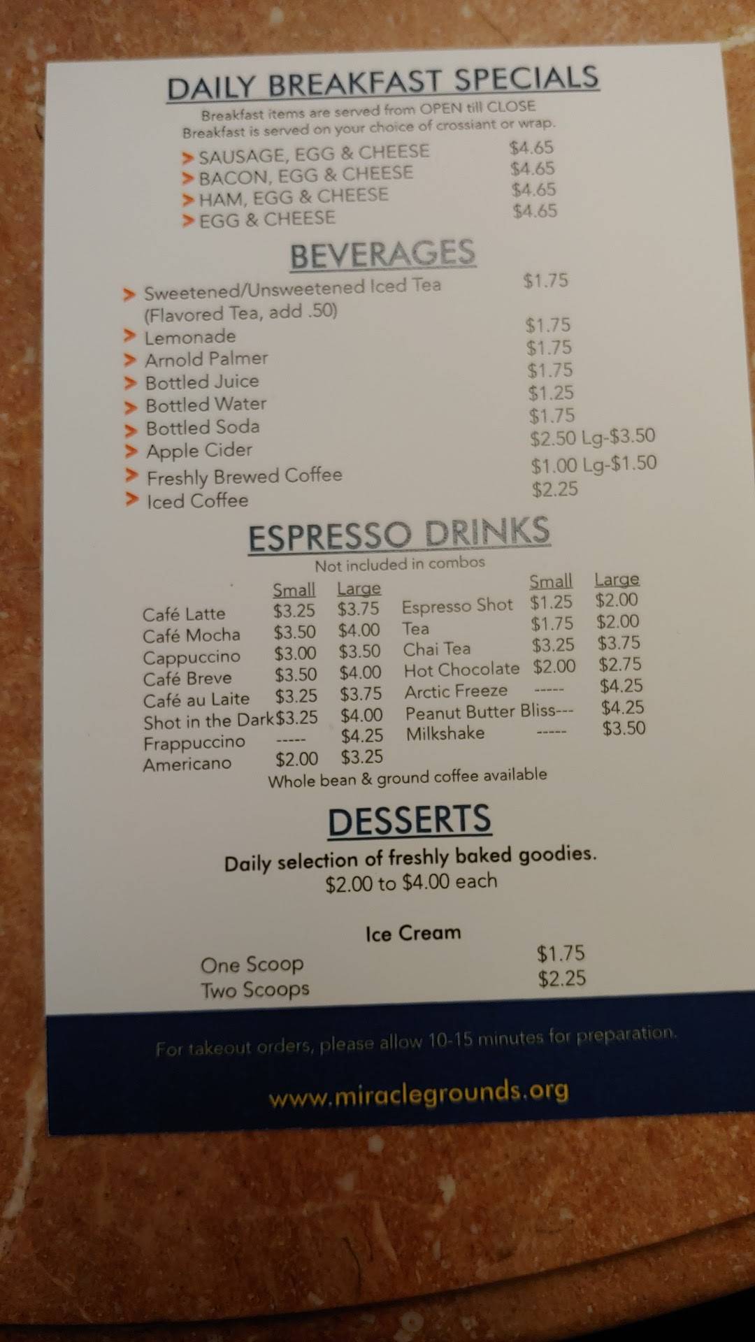 Menu at Miracle Grounds Coffee Shop & Cafe, Crossnore
