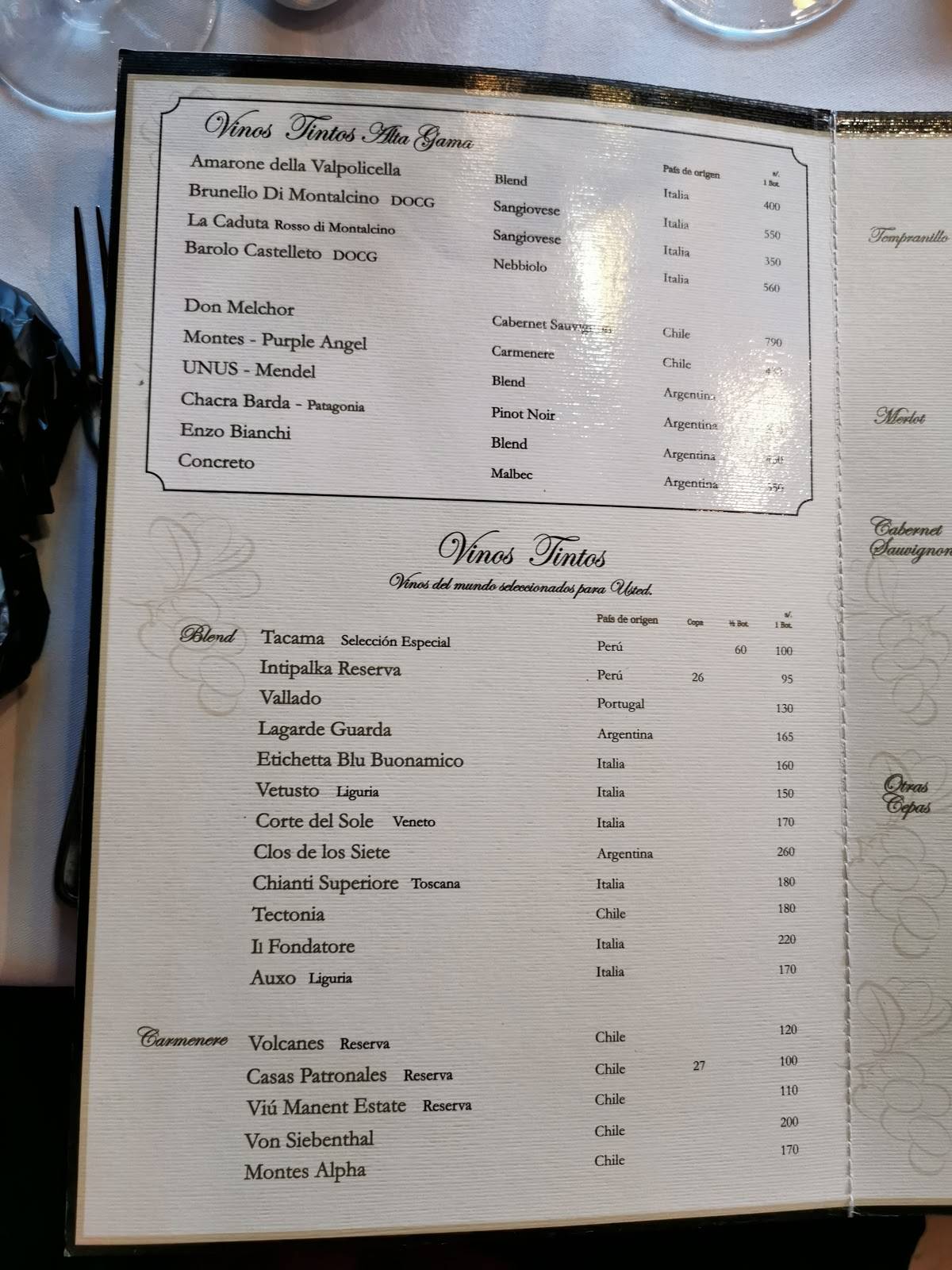 Carta del restaurante Trattoria Don Vito, Miraflores