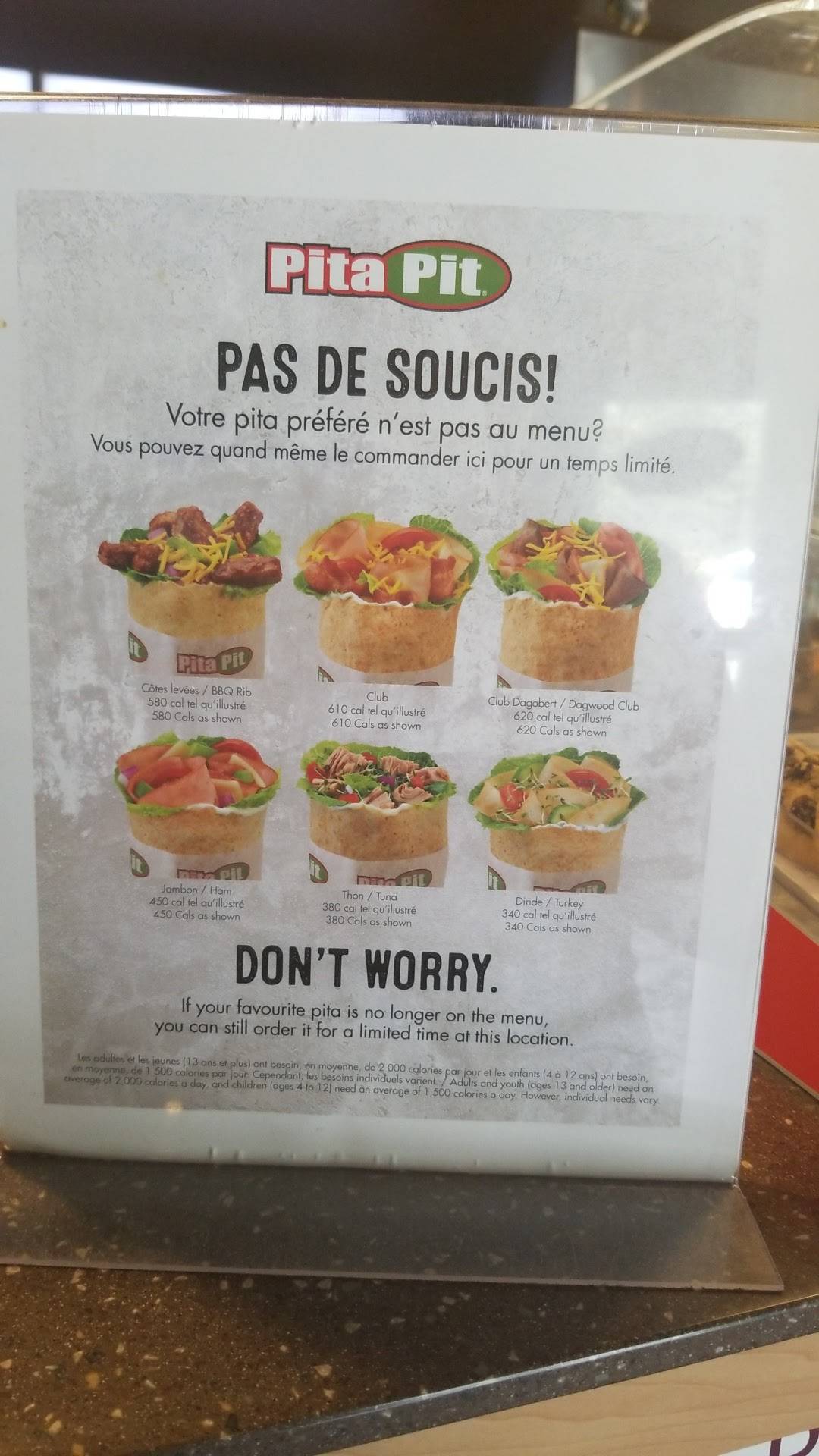 Menu at Pita Pit fast food, Miramichi
