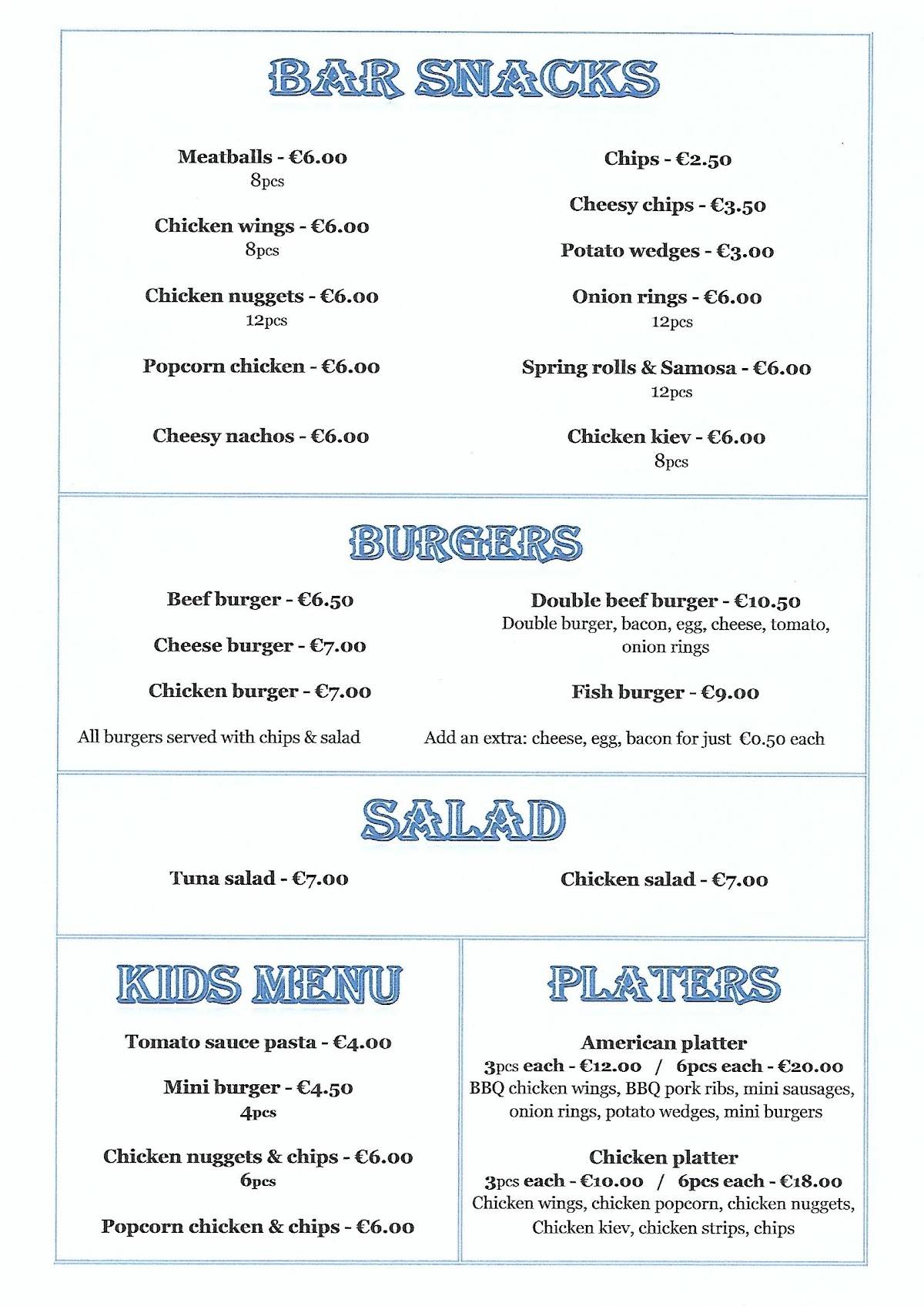 Menu at Misty Blue Sports Bar/Restaurant, Saint Paul's Bay