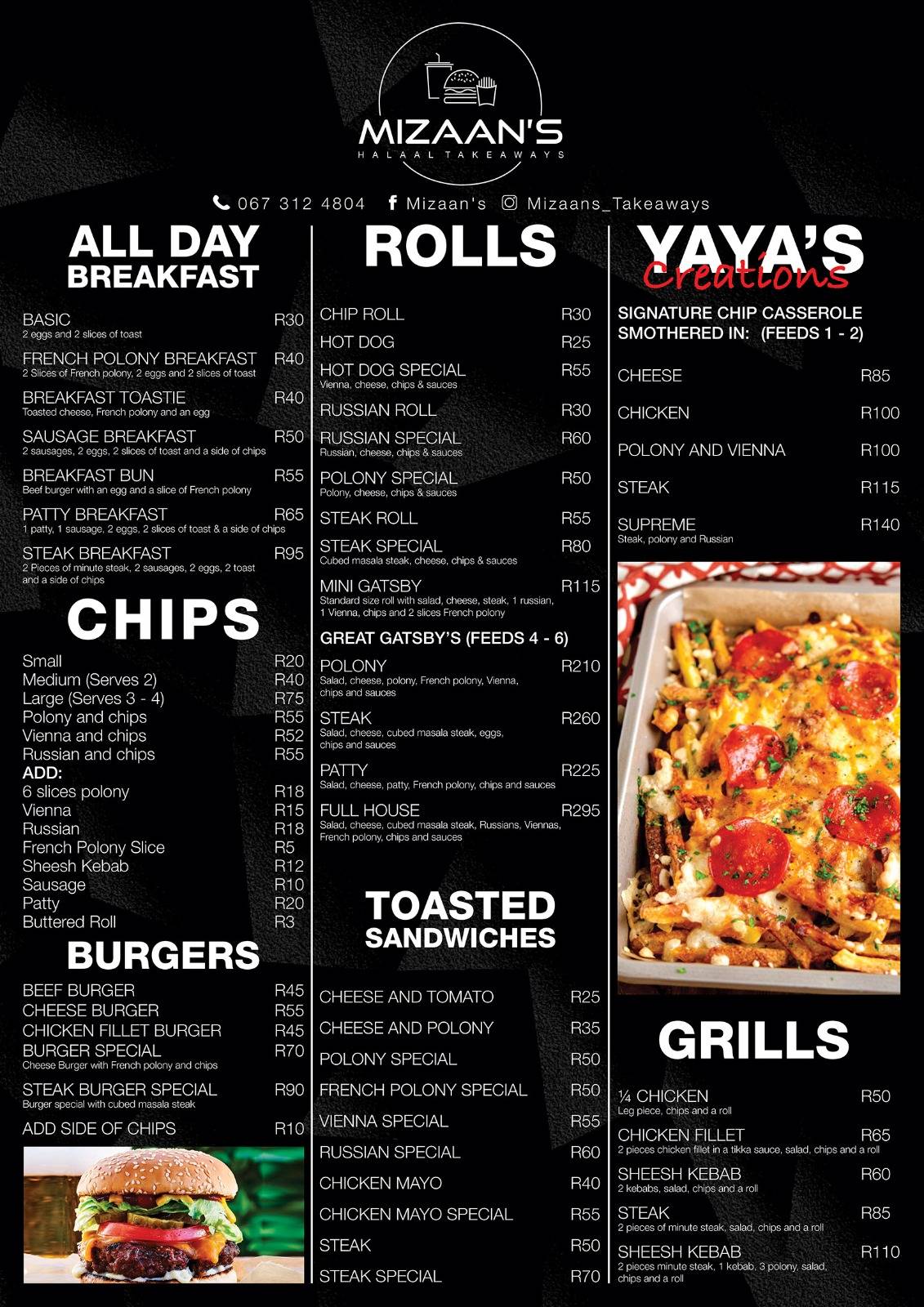 Menu at Mizaan's Halaal Takeaways restaurant, Johannesburg