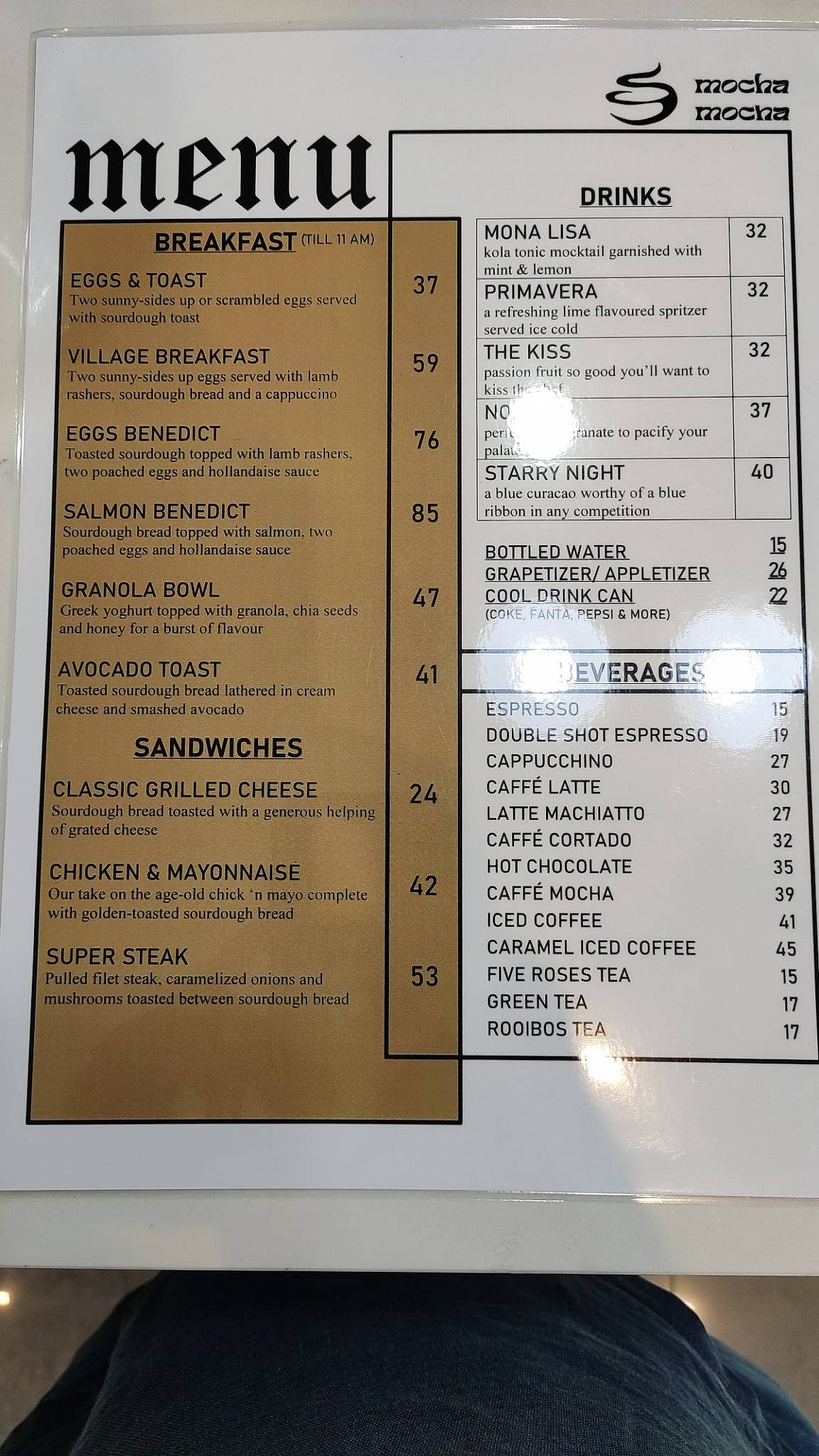 Menu at Mocha Mocha restaurant, Durban, 490 Peter Mokaba Ridge