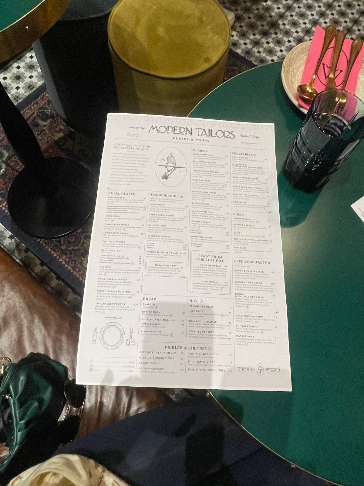 Menu at Modern Tailors restaurant, Johannesburg