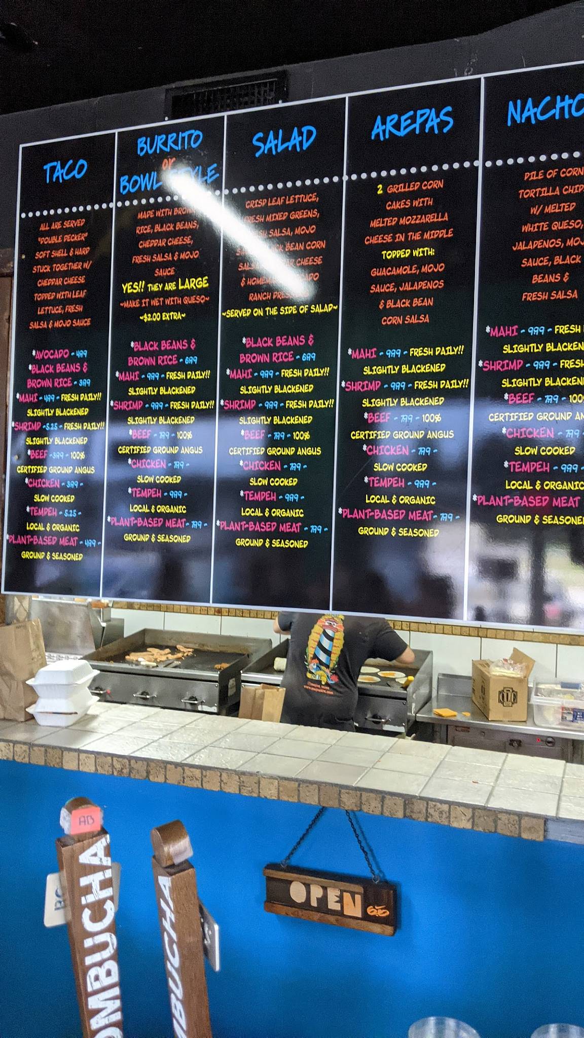 Menu at Mojo's Tacos restaurant, St. Augustine, 551 Anastasia Blvd #4572