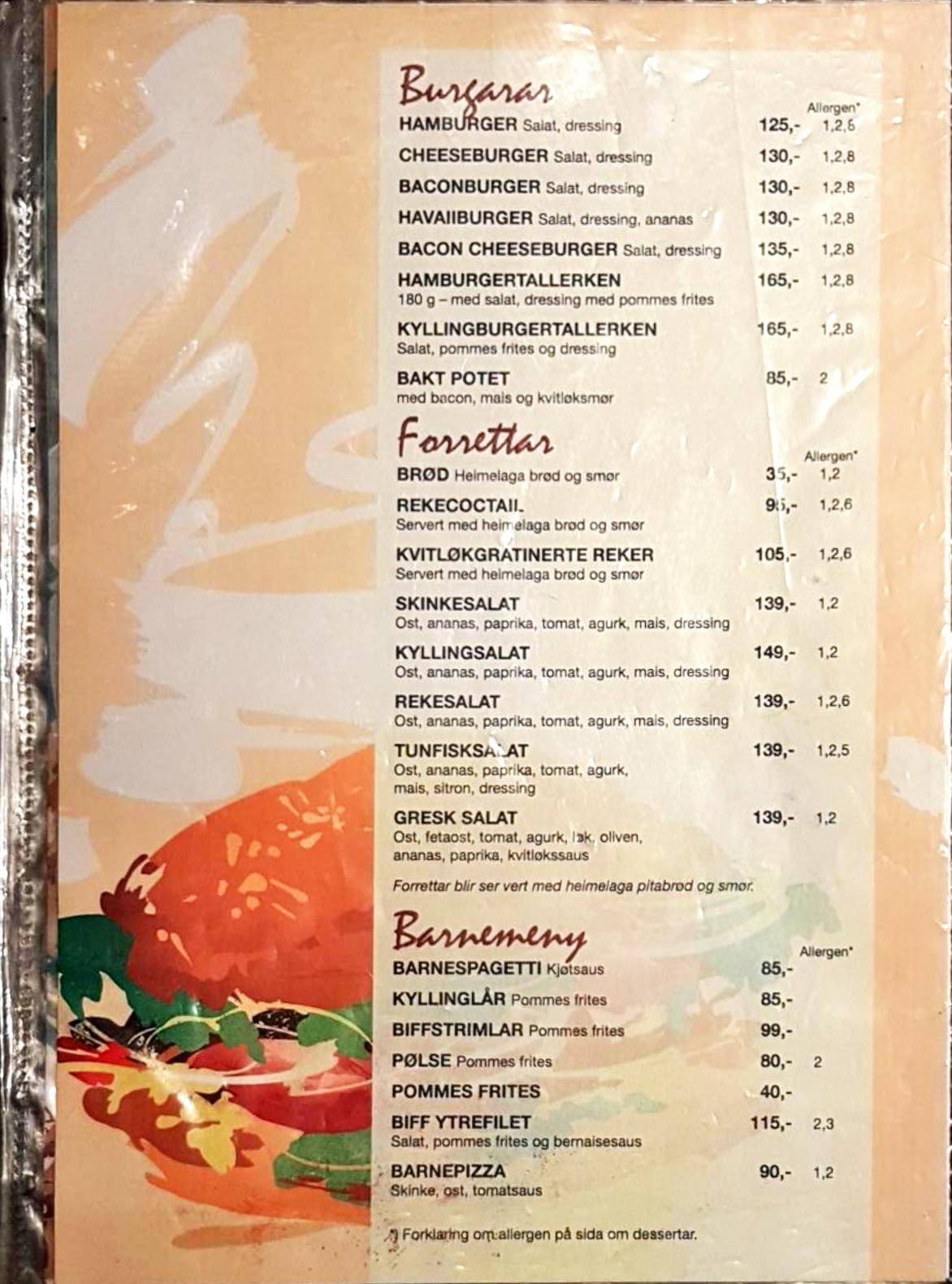 Menu at Mona Lisa Restaurant, Sandane