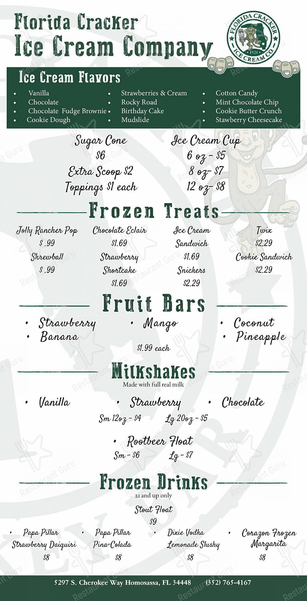 Menu at Florida Cracker Monkey Bar, Homosassa