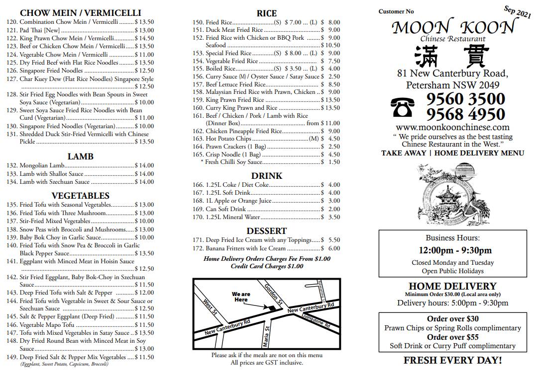 Menu at Moon Koon Chinese Restaurant, Petersham