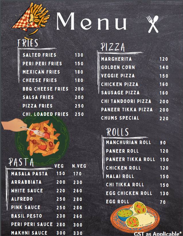 Menu at The Chums Cafe, Mumbai