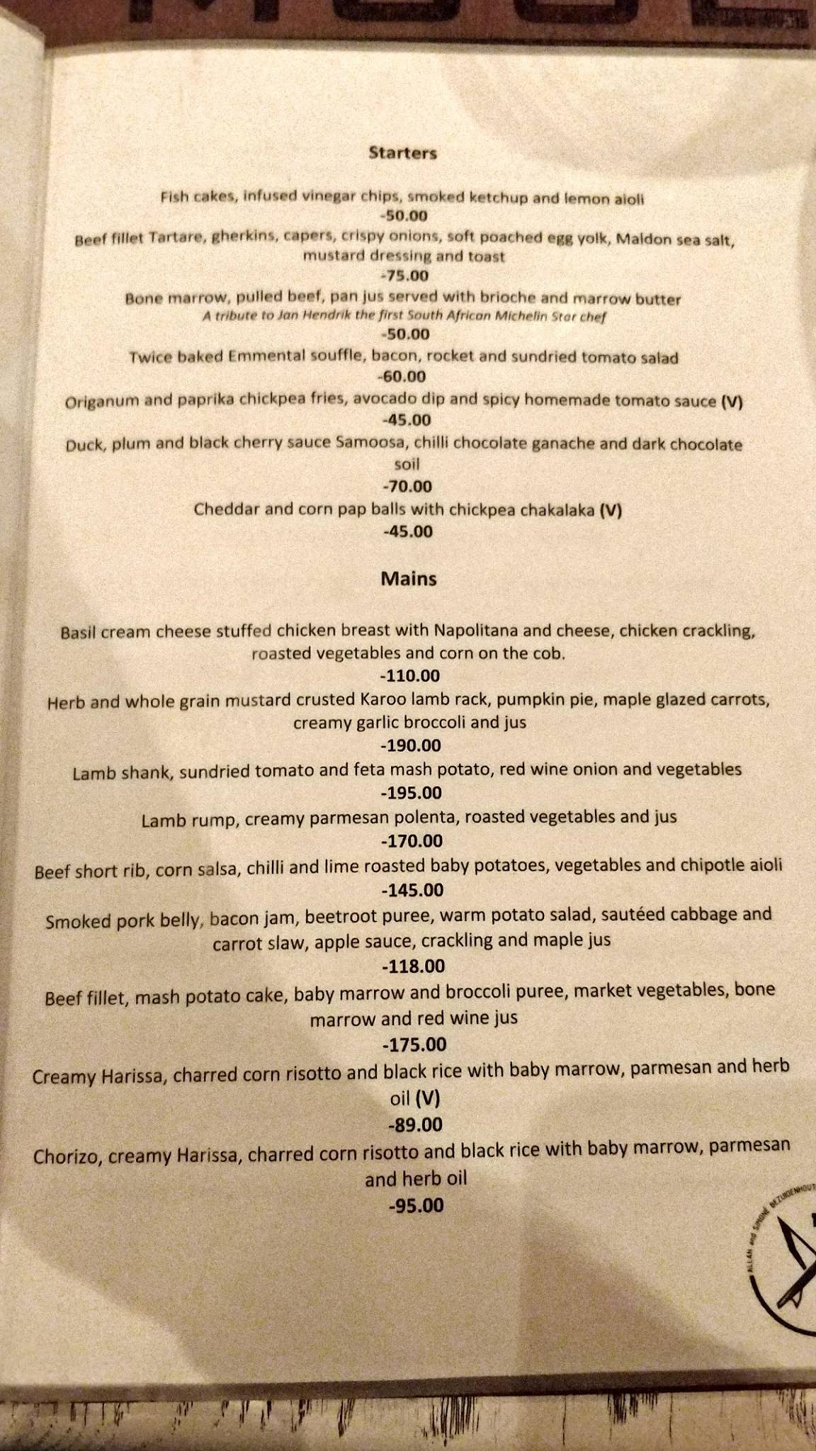 Menu at Muse Restaurant, South Africa