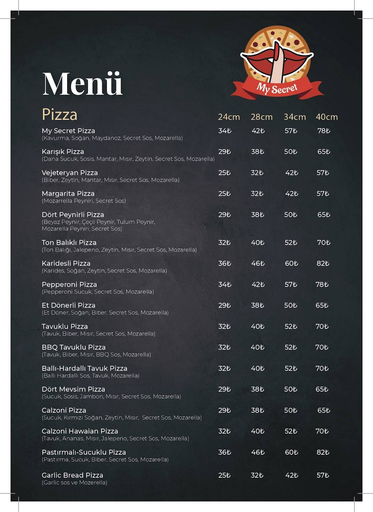 Menu at My Secret Pizza, Istanbul