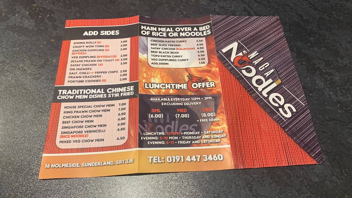 Menu at Naga Noodles restaurant, Sunderland, 16 Holmeside