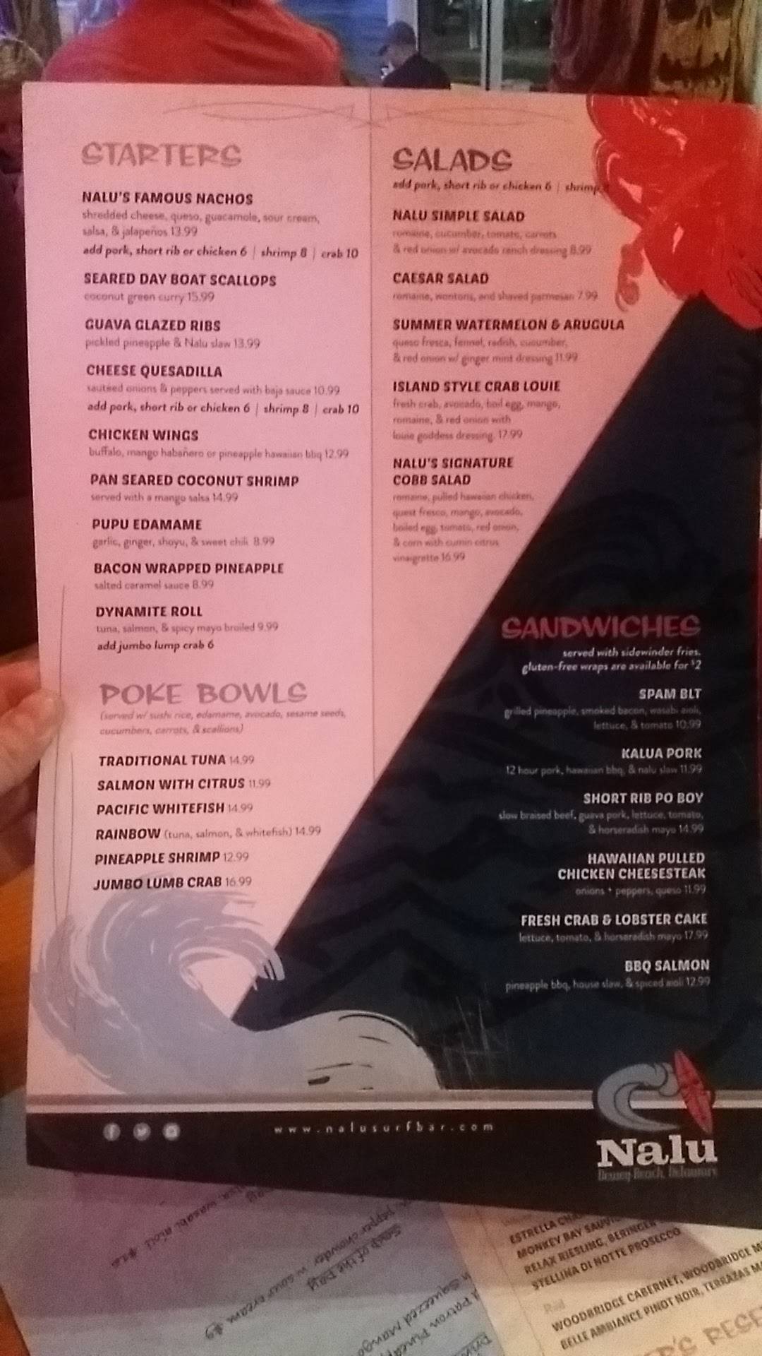 Menu at Nalu Dewey Beach pub & bar, Dewey Beach