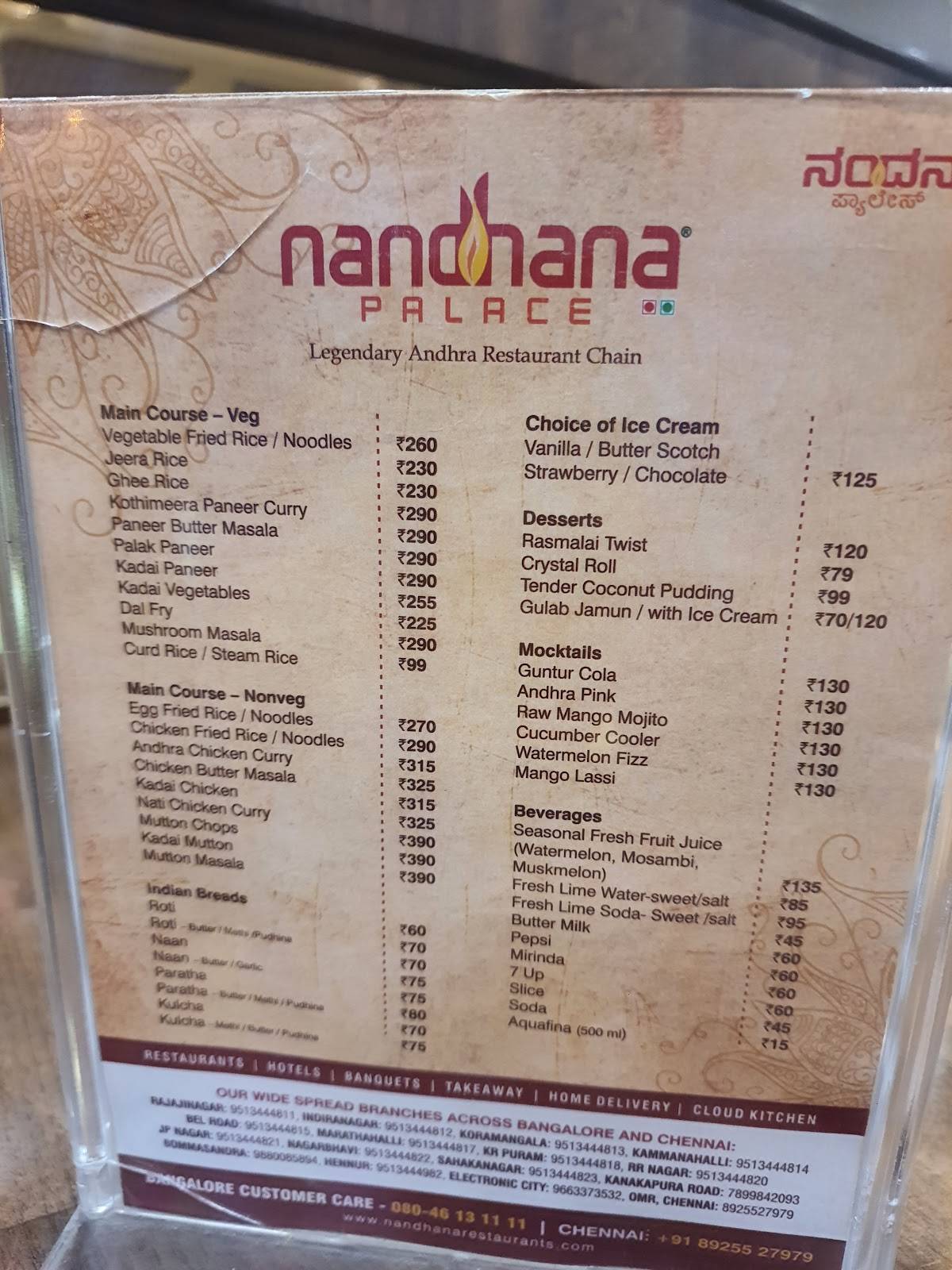 Menu at Nandhana Palace - Andhra Style Restaurant - Bommasandra, Bengaluru