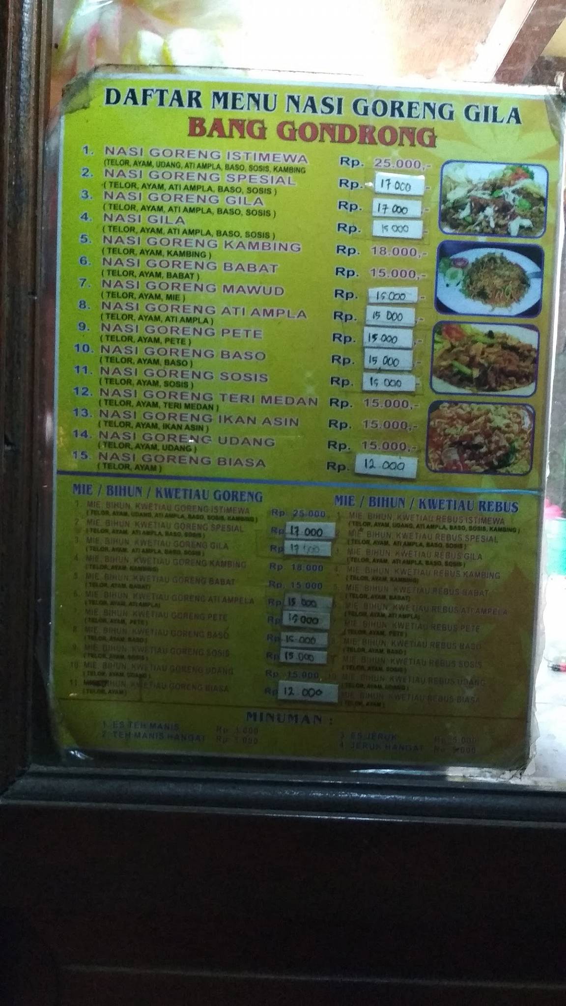 Menu at Nasi Goreng Gila Bang Gondrong restaurant, West Jakarta, QPXH+2VM