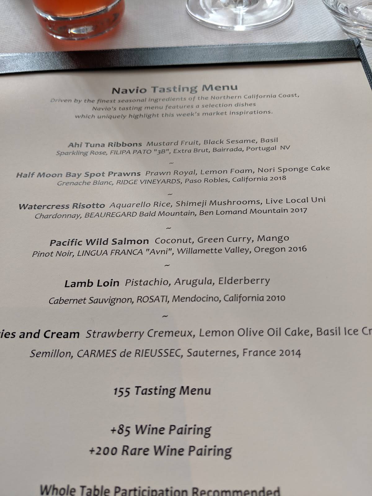 Menu at Navio restaurant, Half Moon Bay