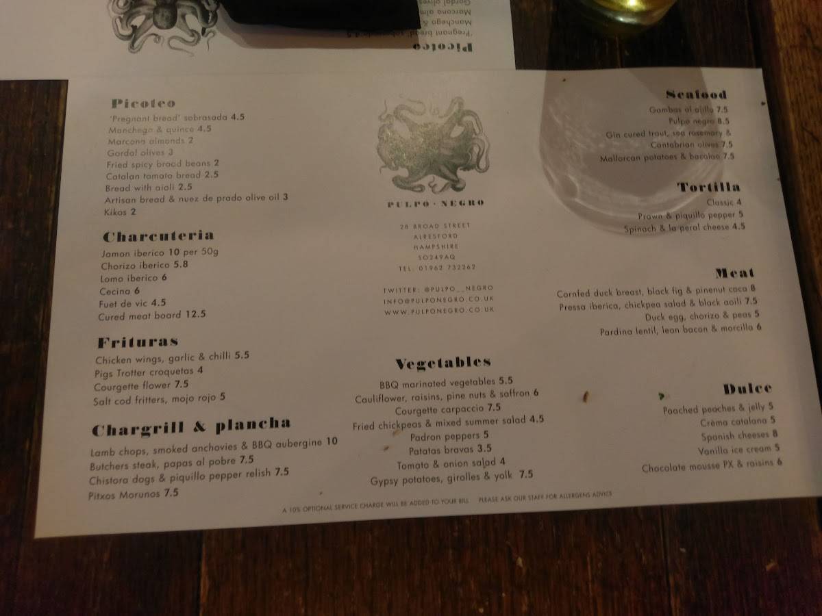 Menu at Pulpo Negro restaurant, New Alresford