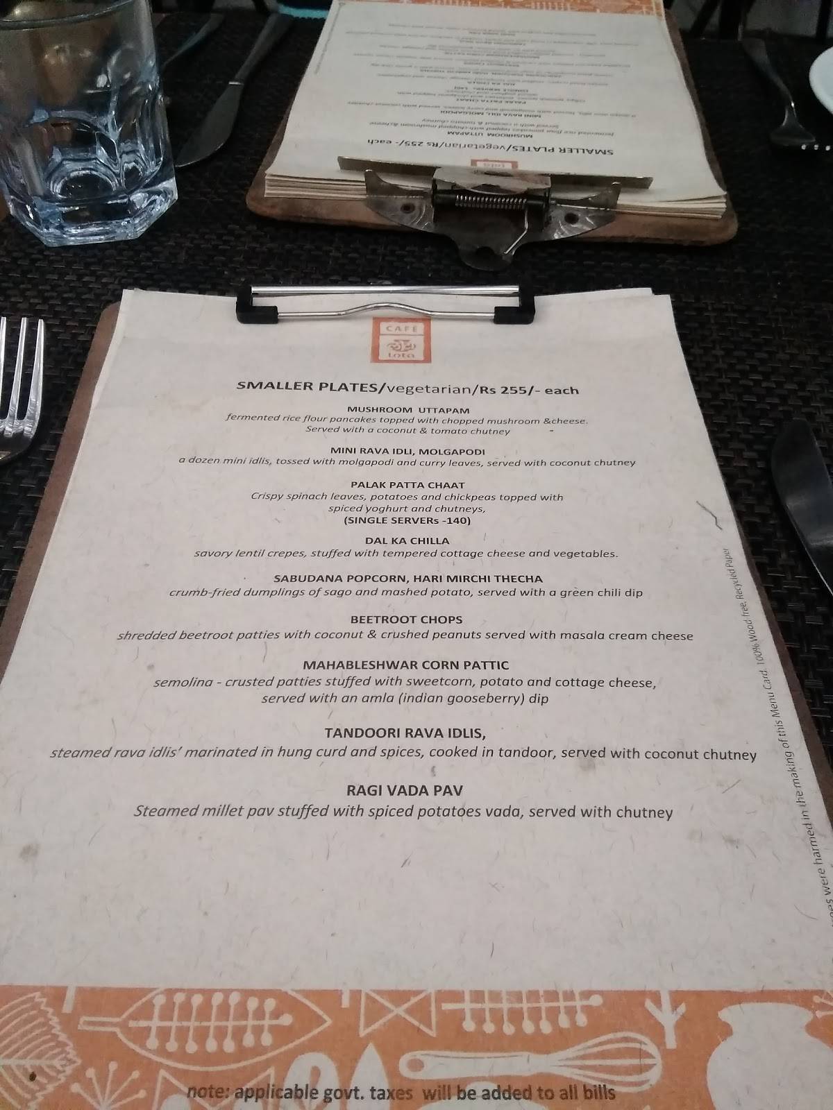 Menu at Cafe Lota, New Delhi